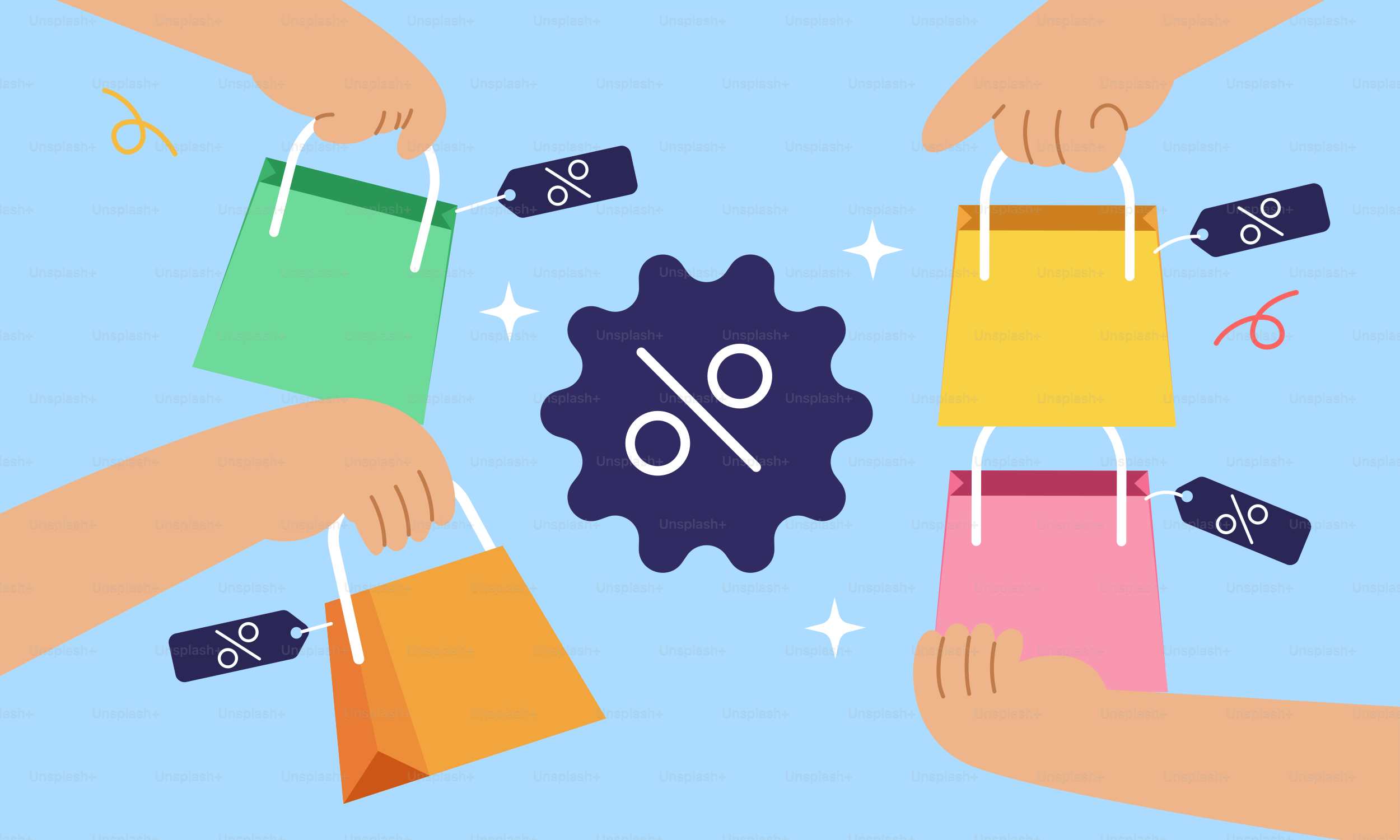 Un grupo de personas que sostenen bolsas de la compra con un símbolo de ...