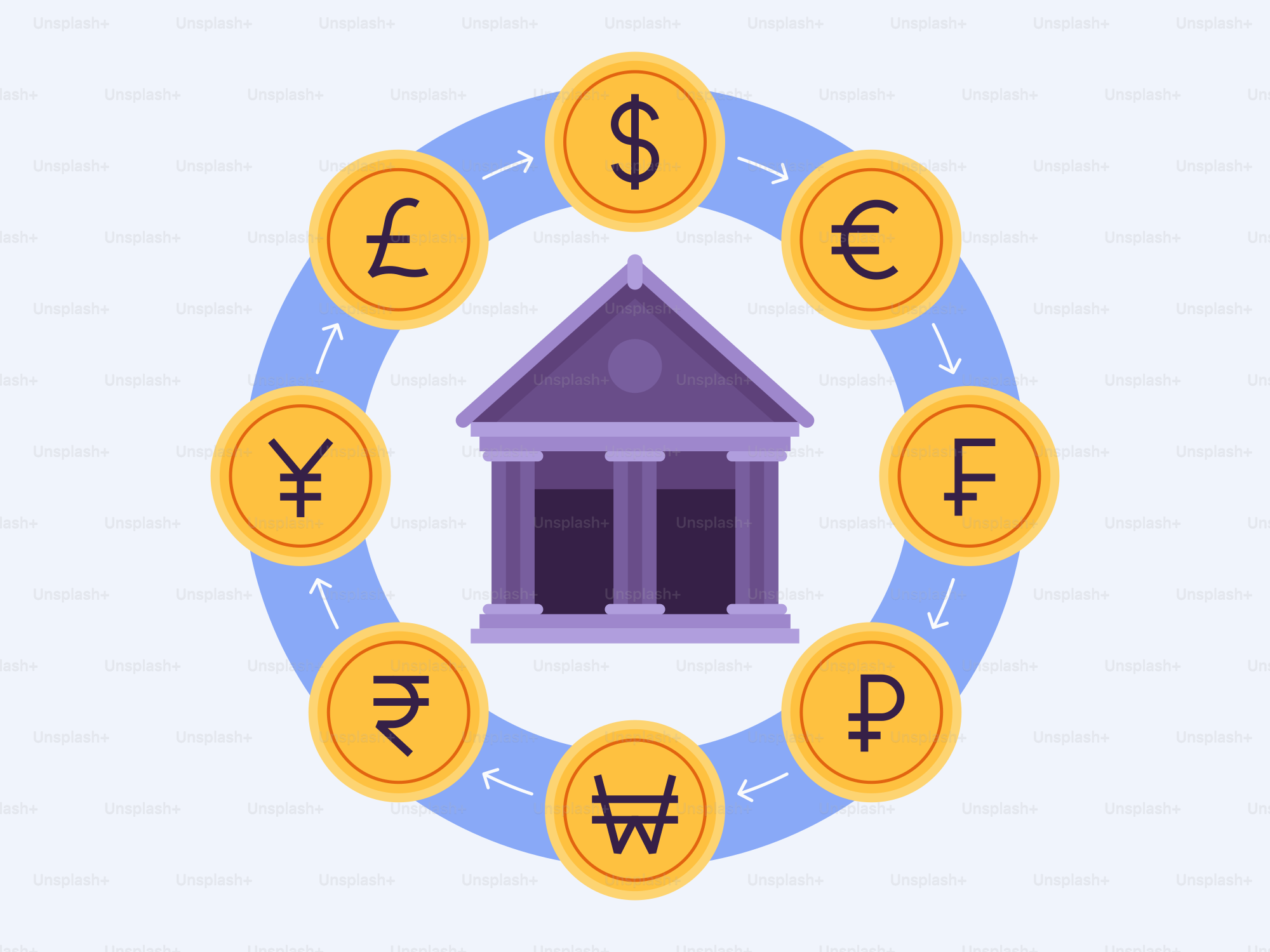 A building surrounded by currency symbols in a circle vector ...