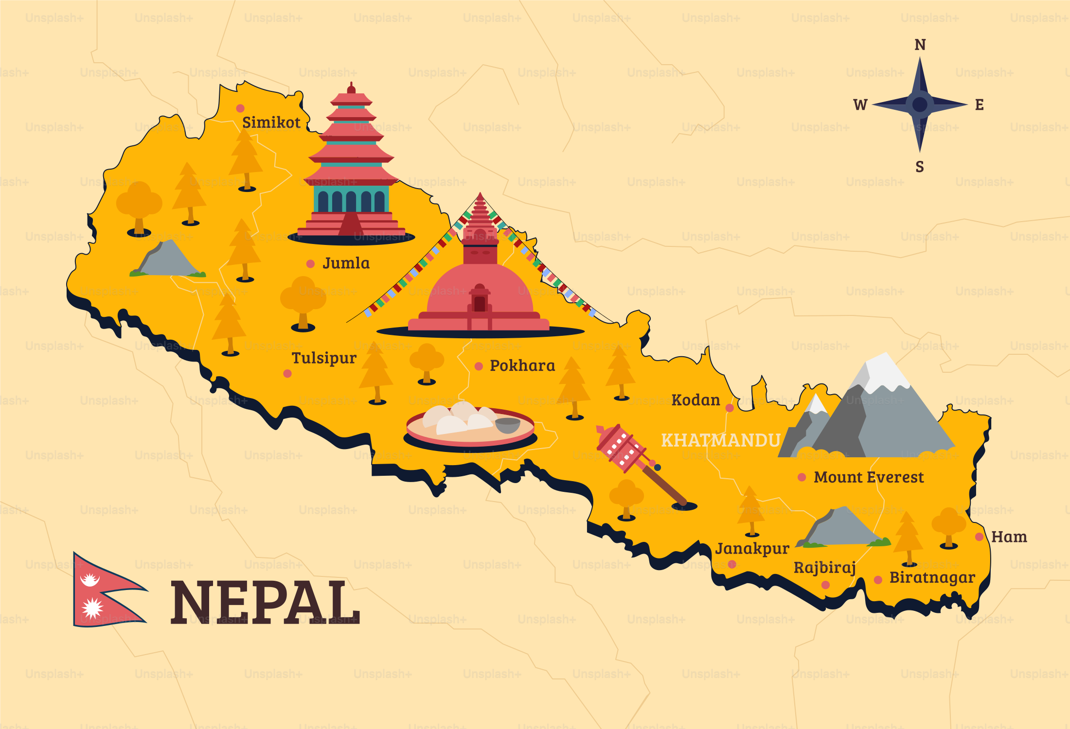 A map of nepal with all the major tourist attractions vector – Map ...