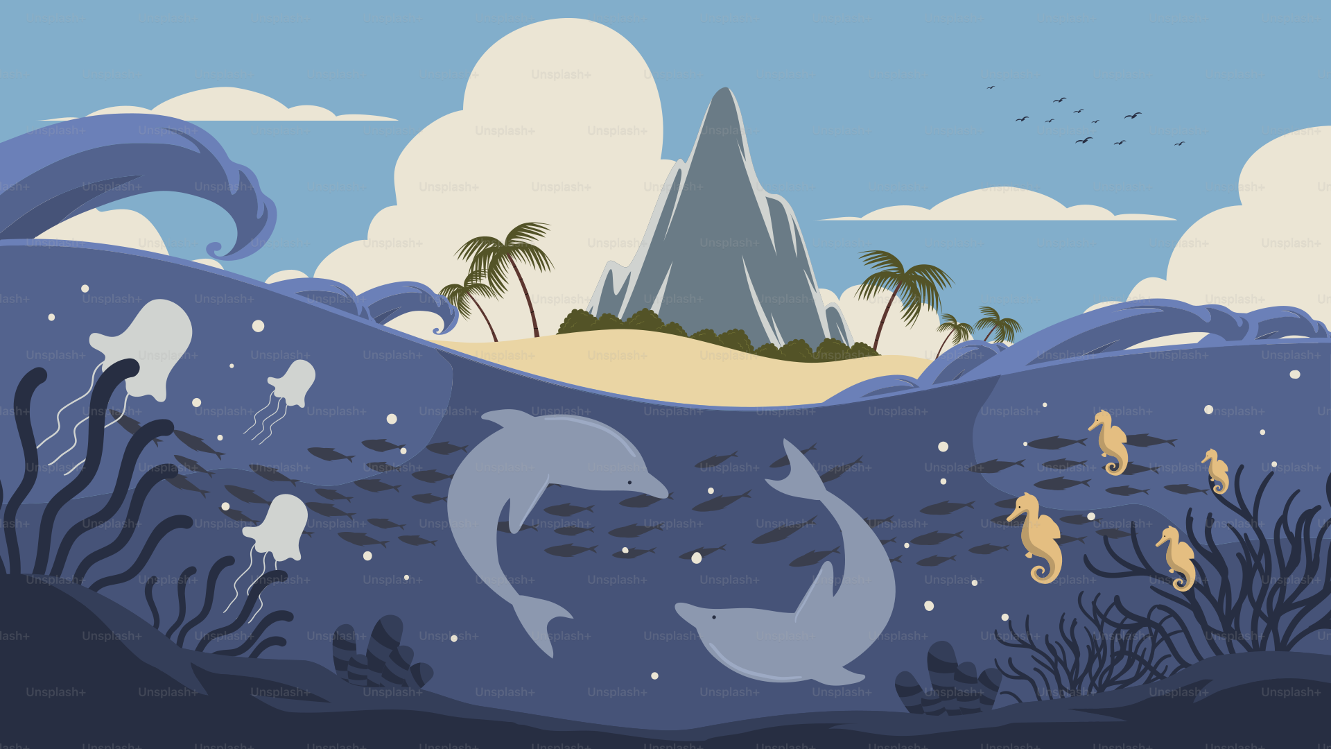 A cartoon scene of an ocean with a mountain in the background vector ...
