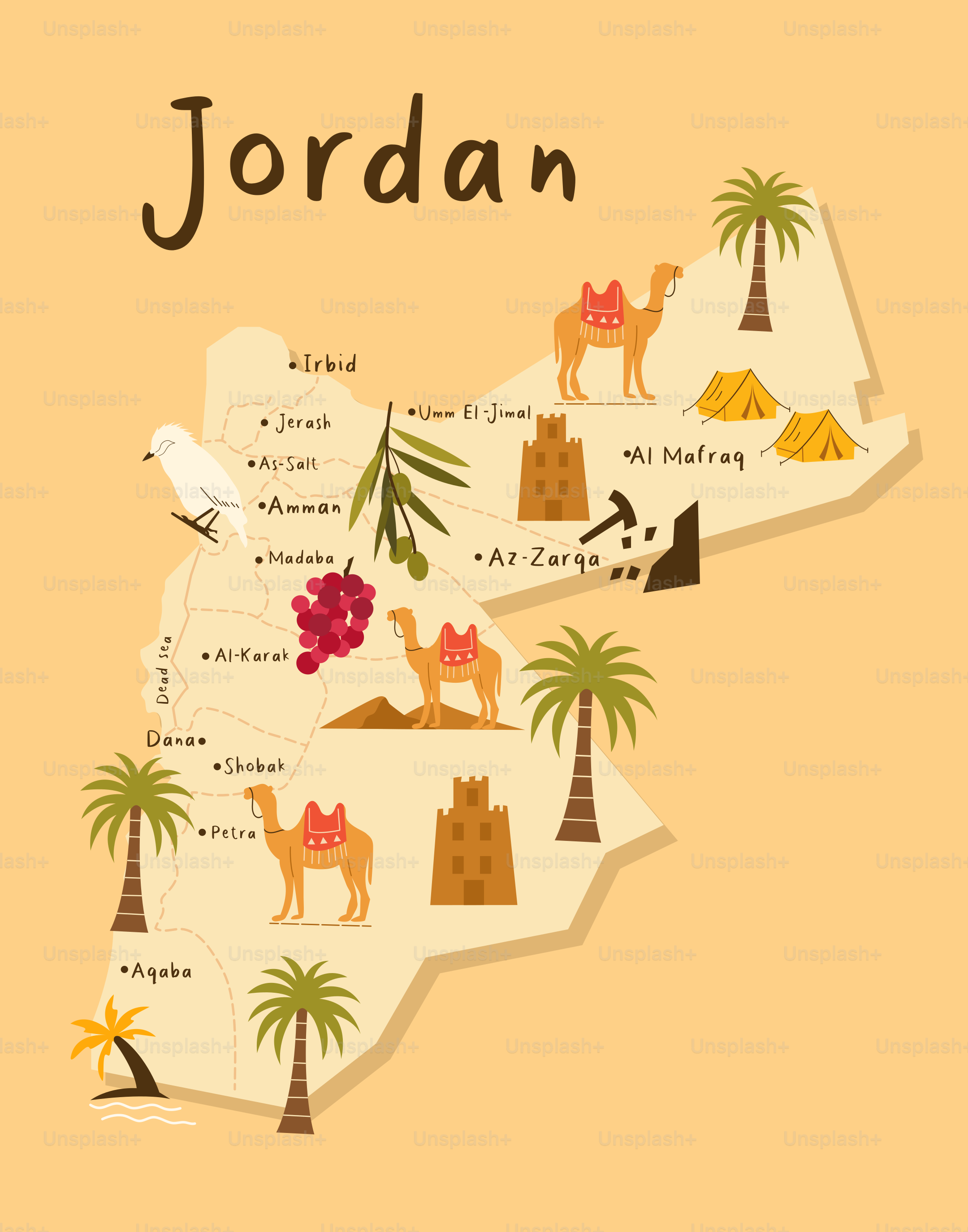 A map of jordan with camels and palm trees vector – Jordan Image on ...