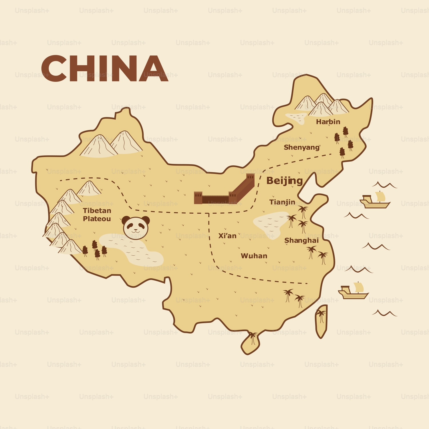 Une carte de la Chine avec montagnes et rivières vectoriel – Image de ...