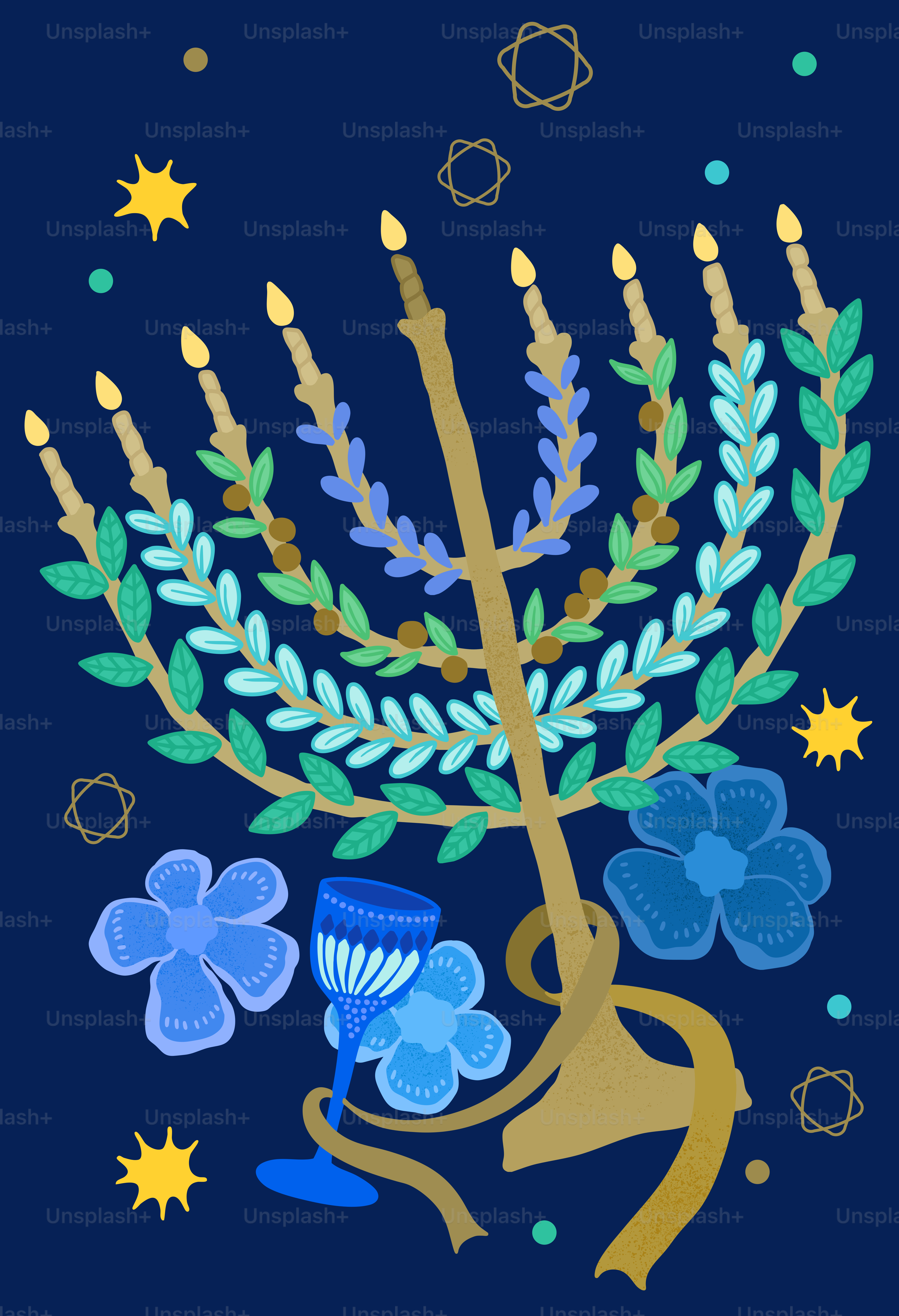 A hanukkah menorah with flowers and stars vector – Hanukkah Image on ...