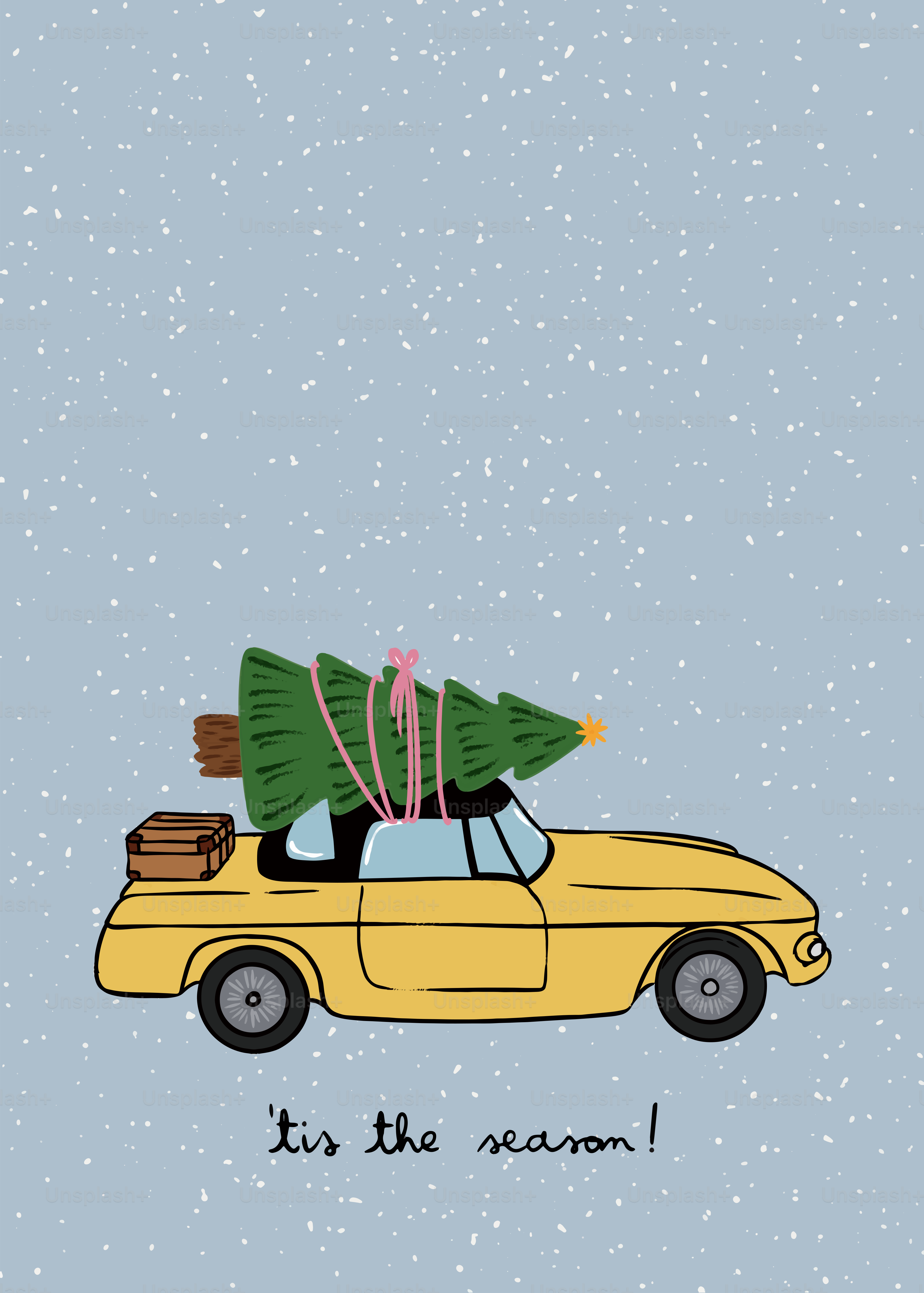 A yellow car with a christmas tree on top vector – Illustration Image ...