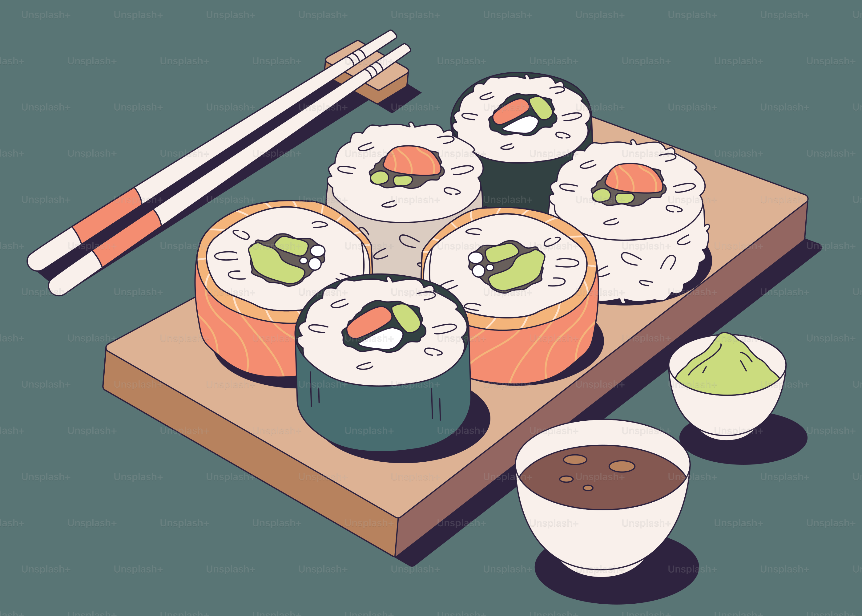 Vektor Sushi di atas talenan dengan sumpit dan saus – Gambar Makanan di ...