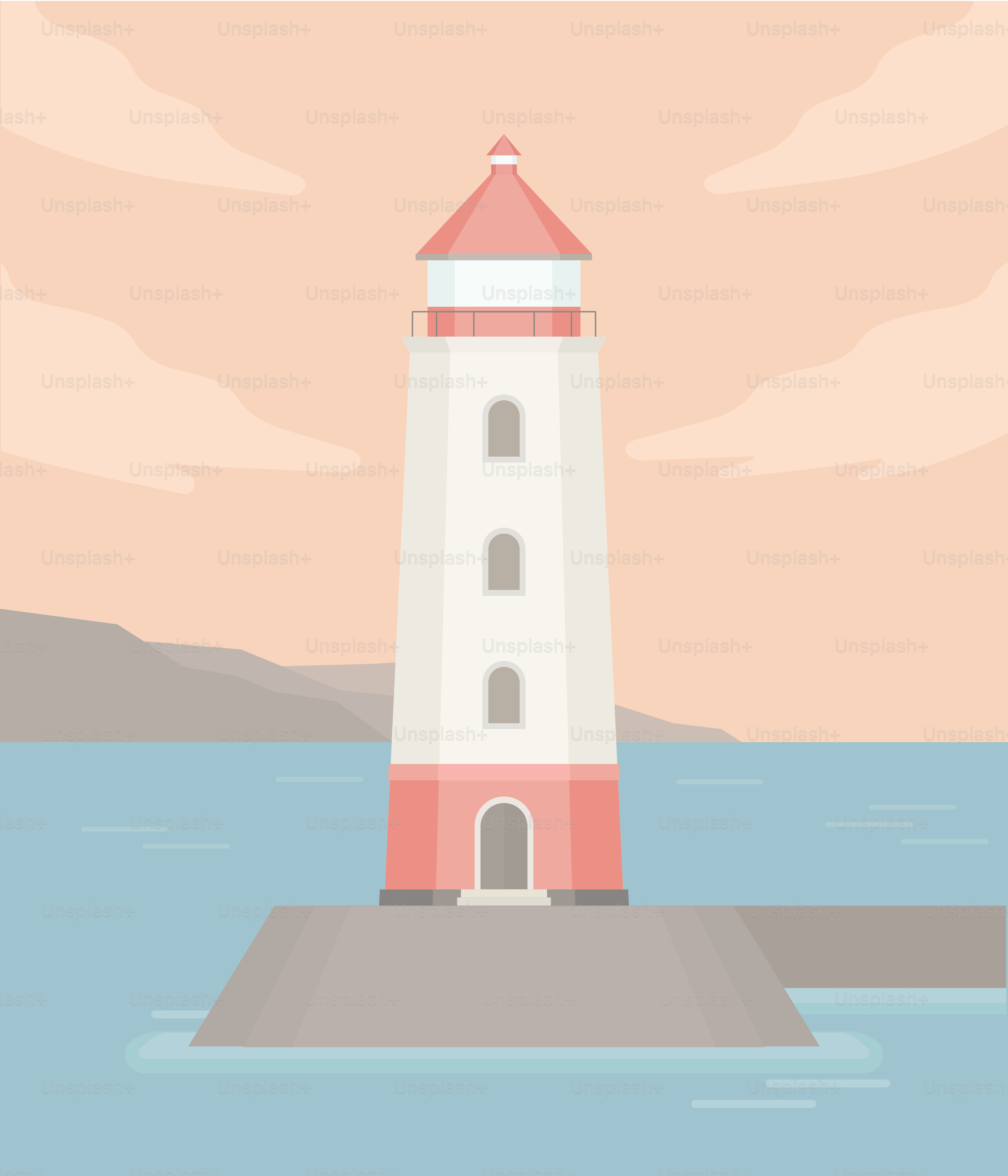 Vektor Mercusuar merah dan putih yang duduk di atas dermaga – Gambar ...