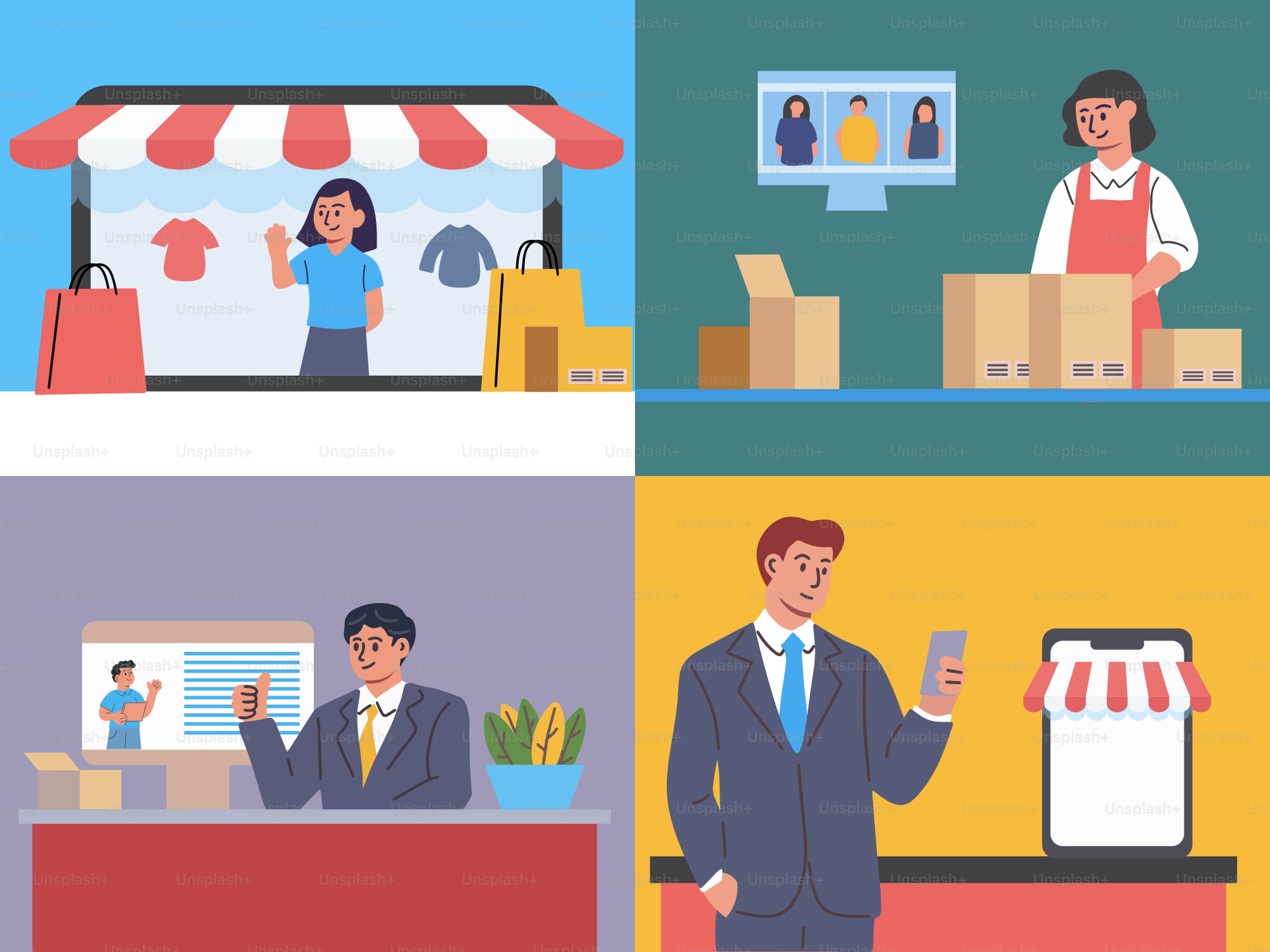 A series of four images with people working in different locations ...