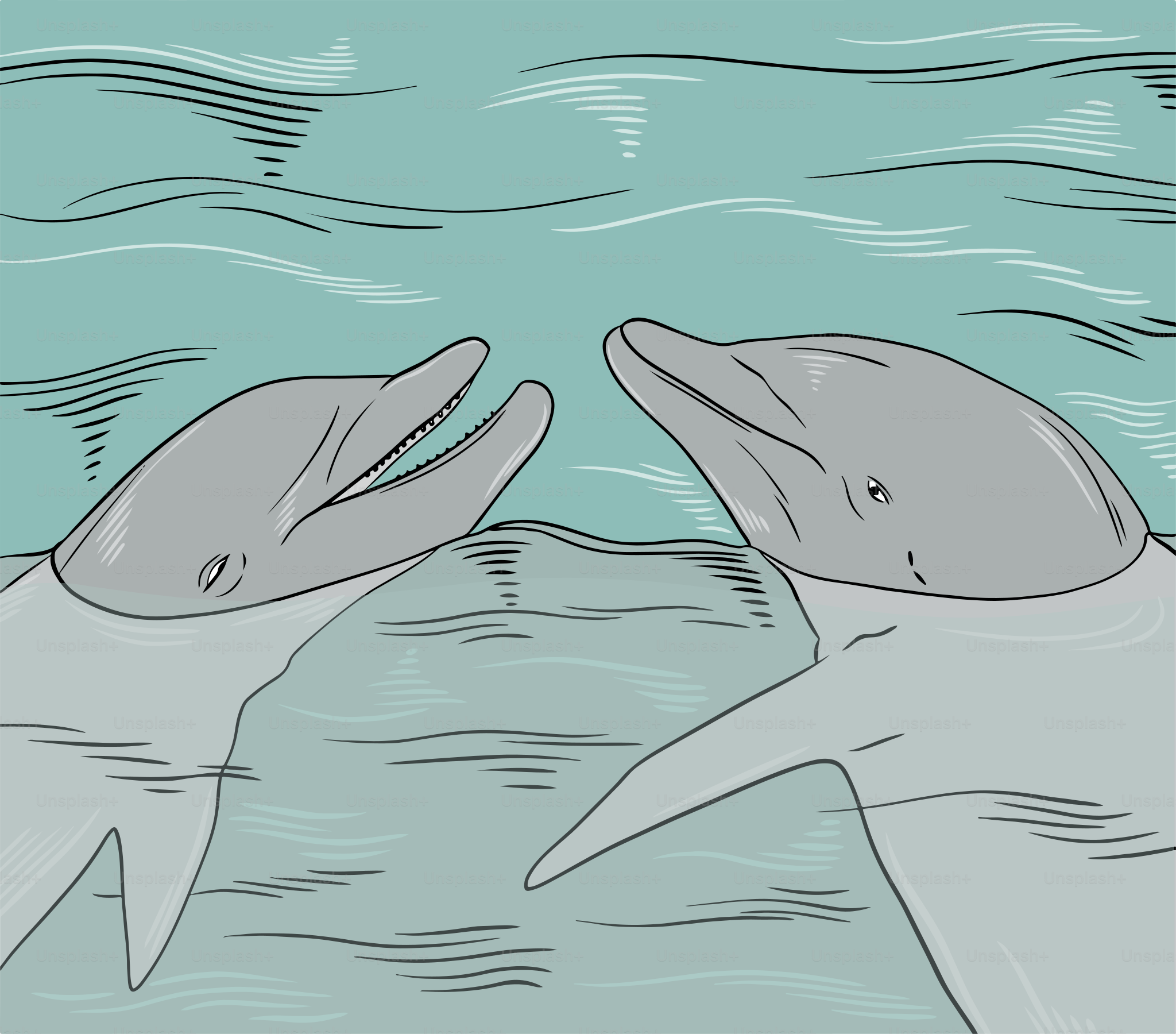 A drawing of two dolphins swimming in the ocean vector – Wild animal ...