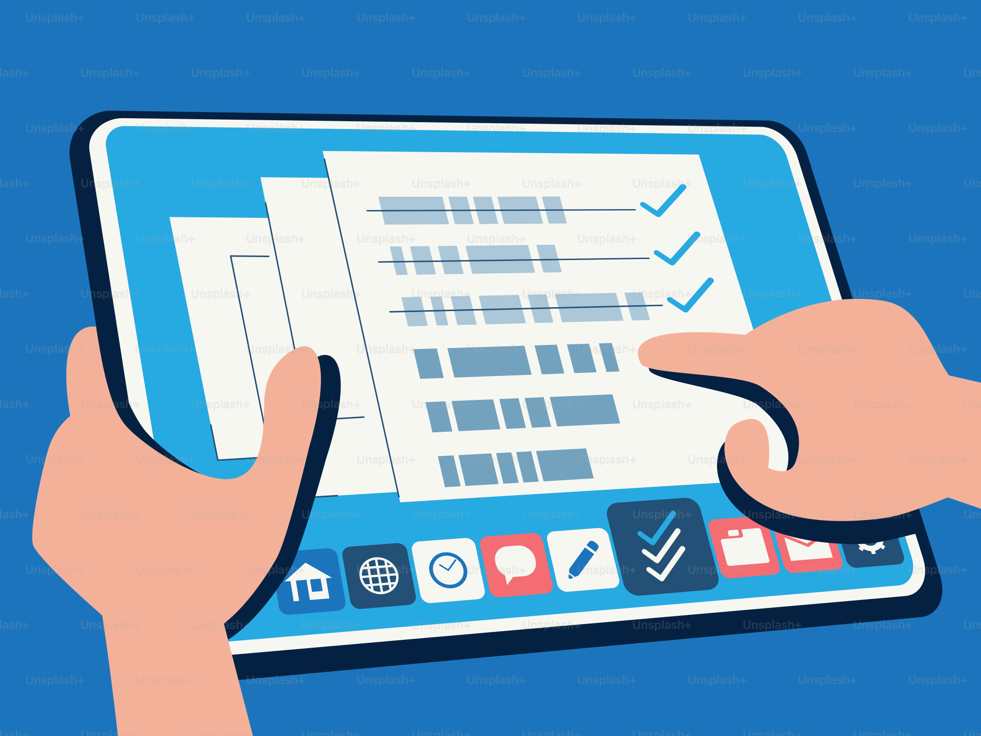 Two hands holding a tablet with a checklist on the screen vector ...