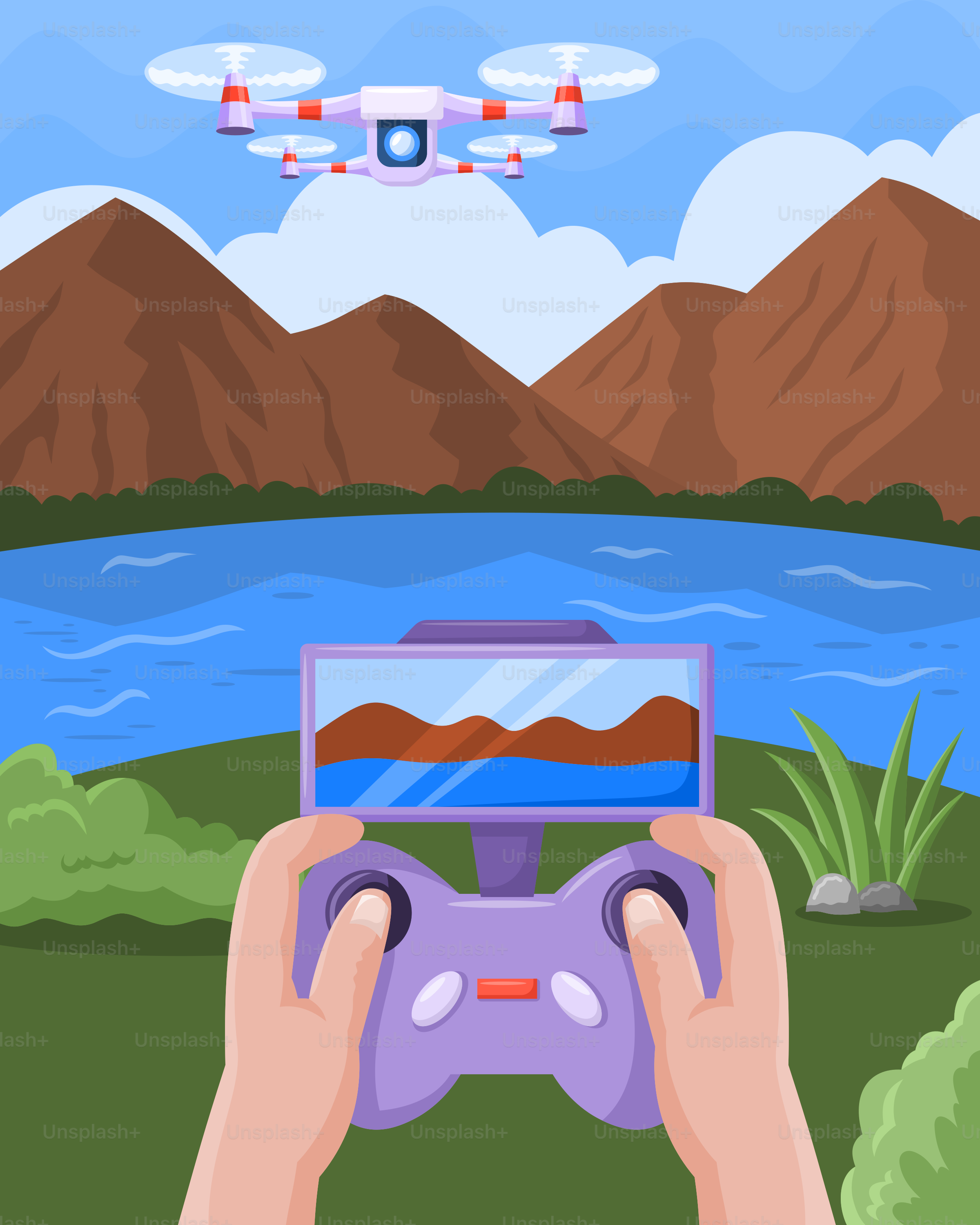 A person holding a game controller in front of a lake vector ...