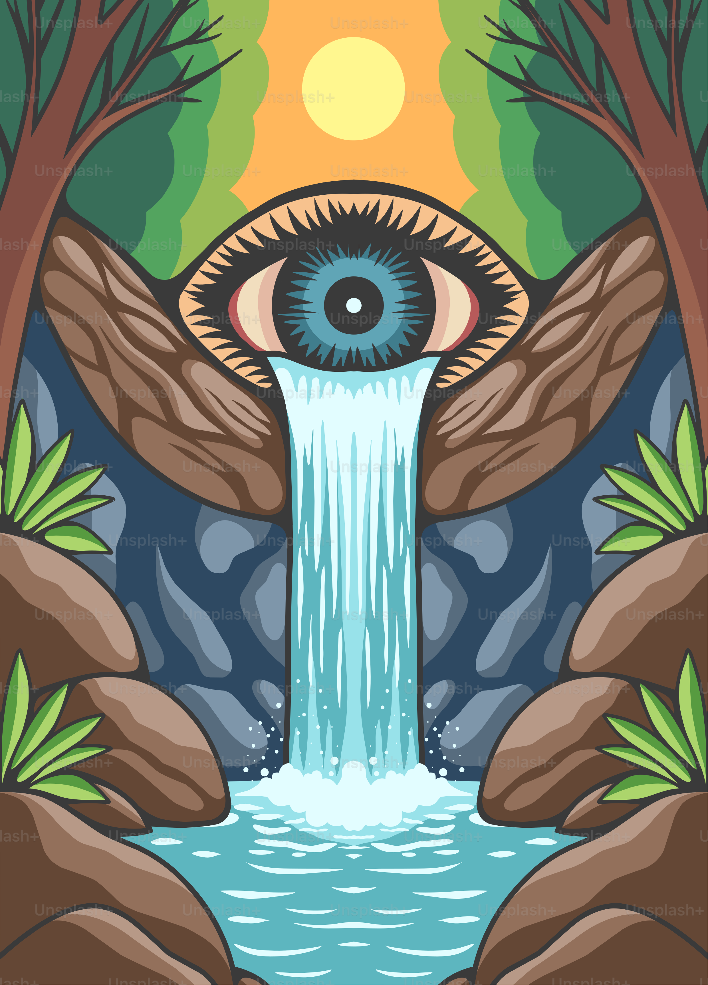 A painting of a waterfall with an eye on it vector – Conceptual Image ...