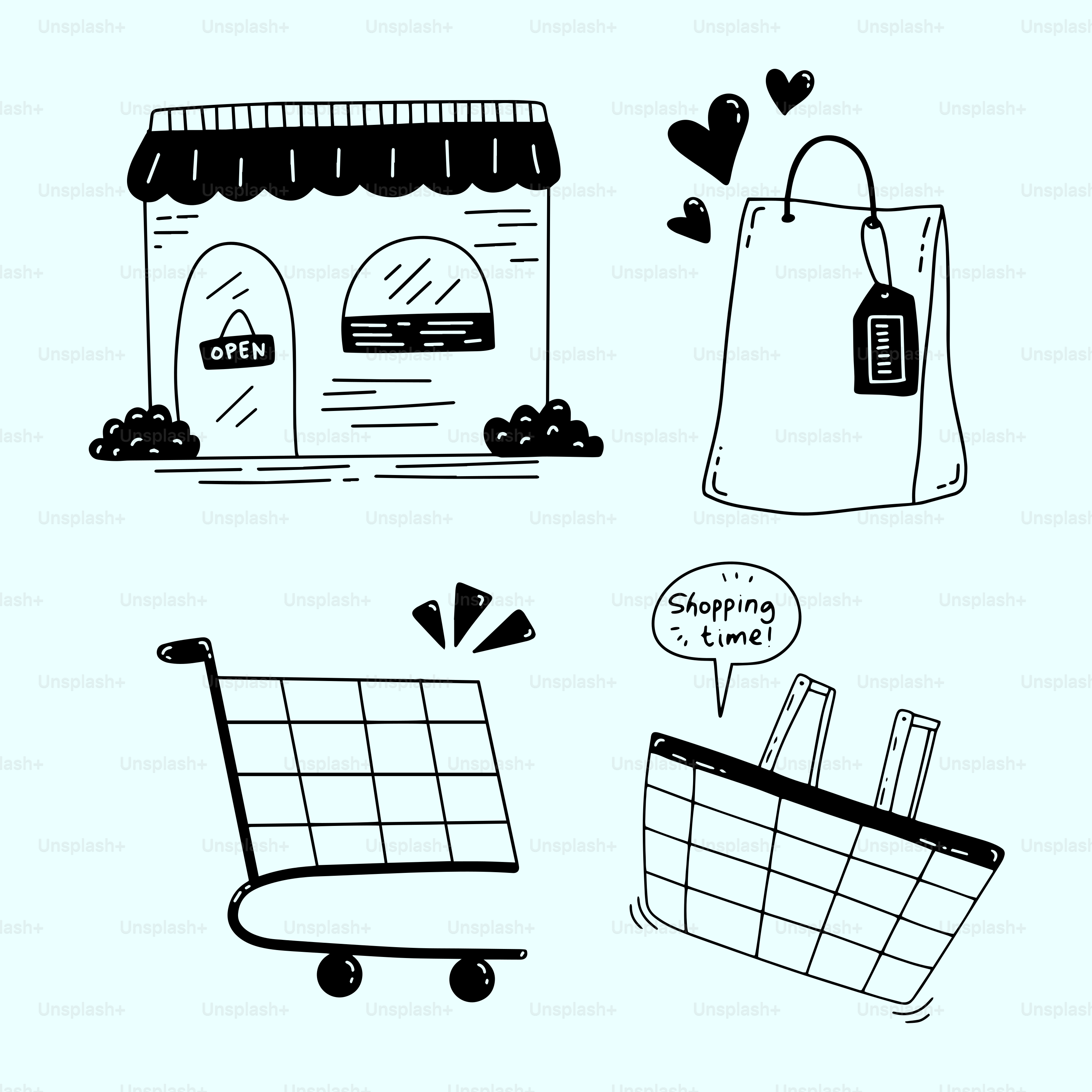 A drawing of a shopping cart and a shopping bag vector – Commerce Image ...