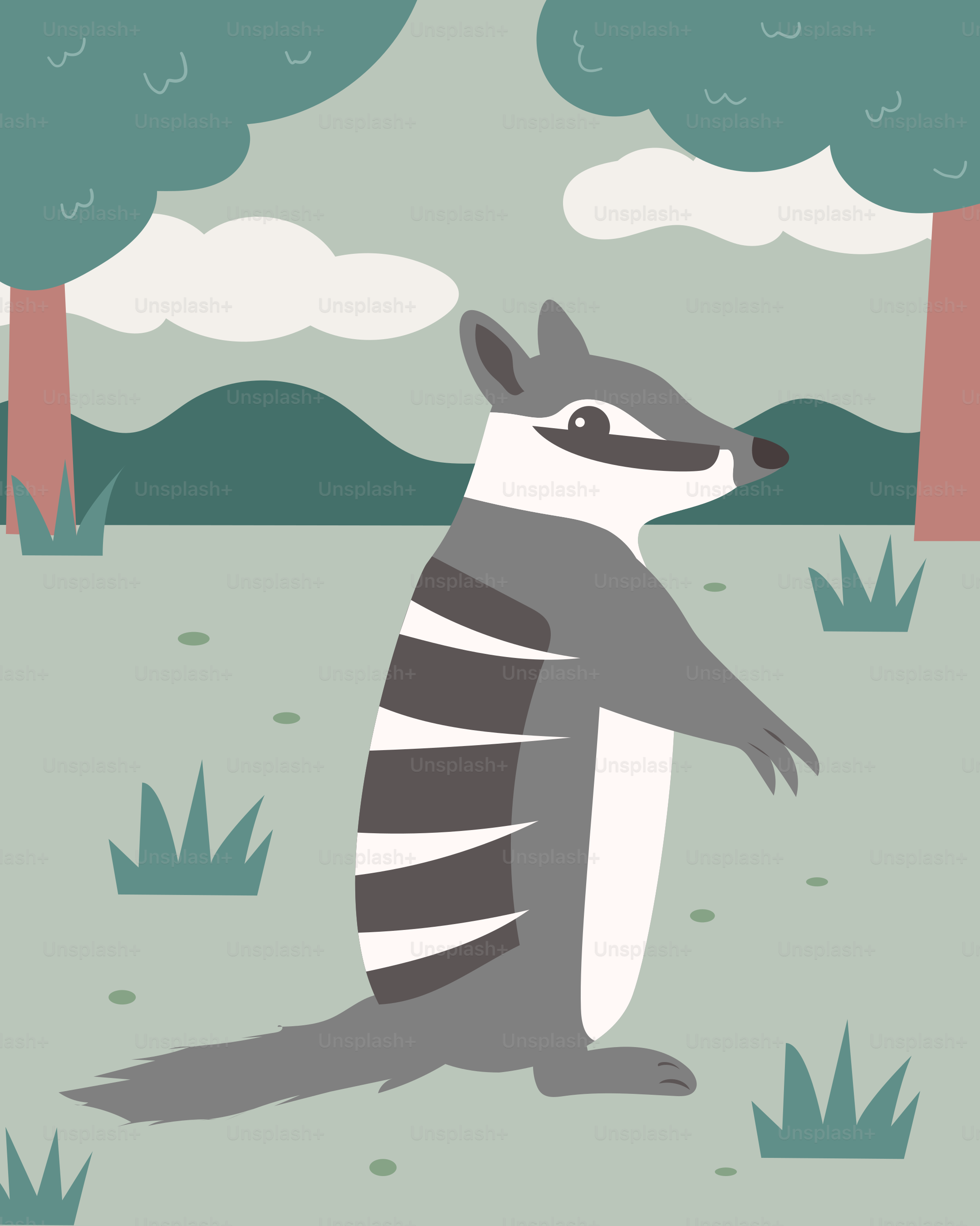 Un mapache parado sobre sus patas traseras en la hierba vector – Imagen ...