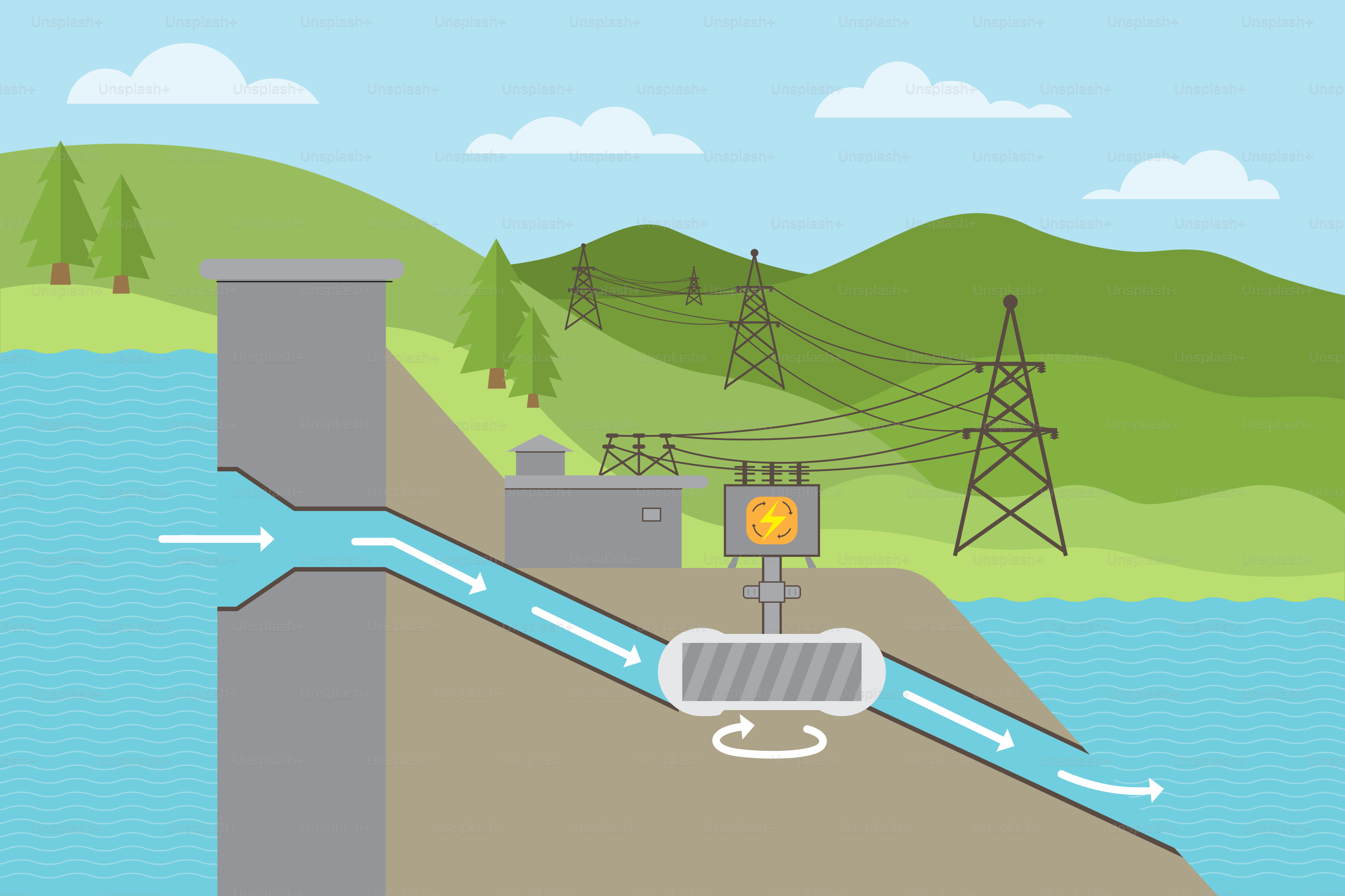 A diagram of a dam with a lake and power lines in the background vector ...