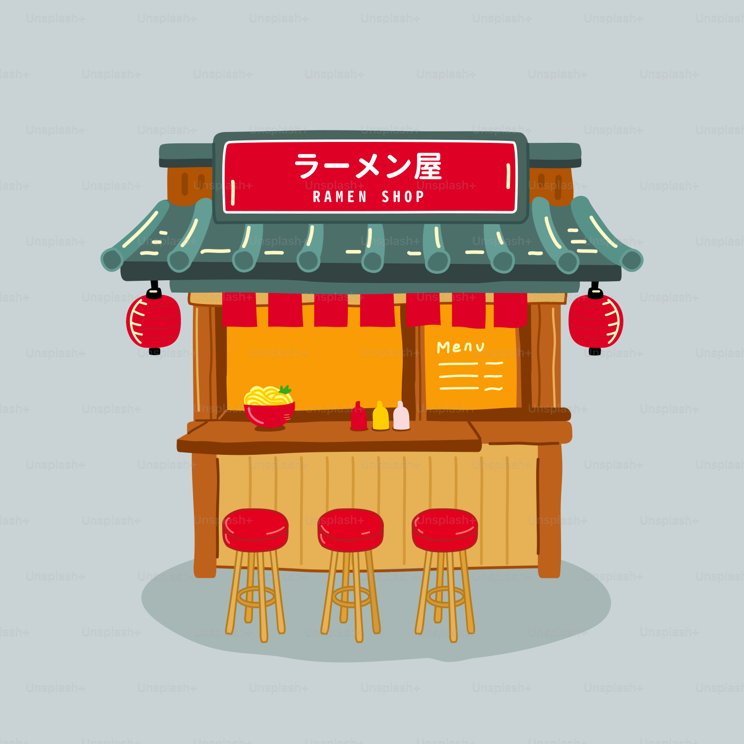 A small asian food stand with red stools vector – Small business Image ...