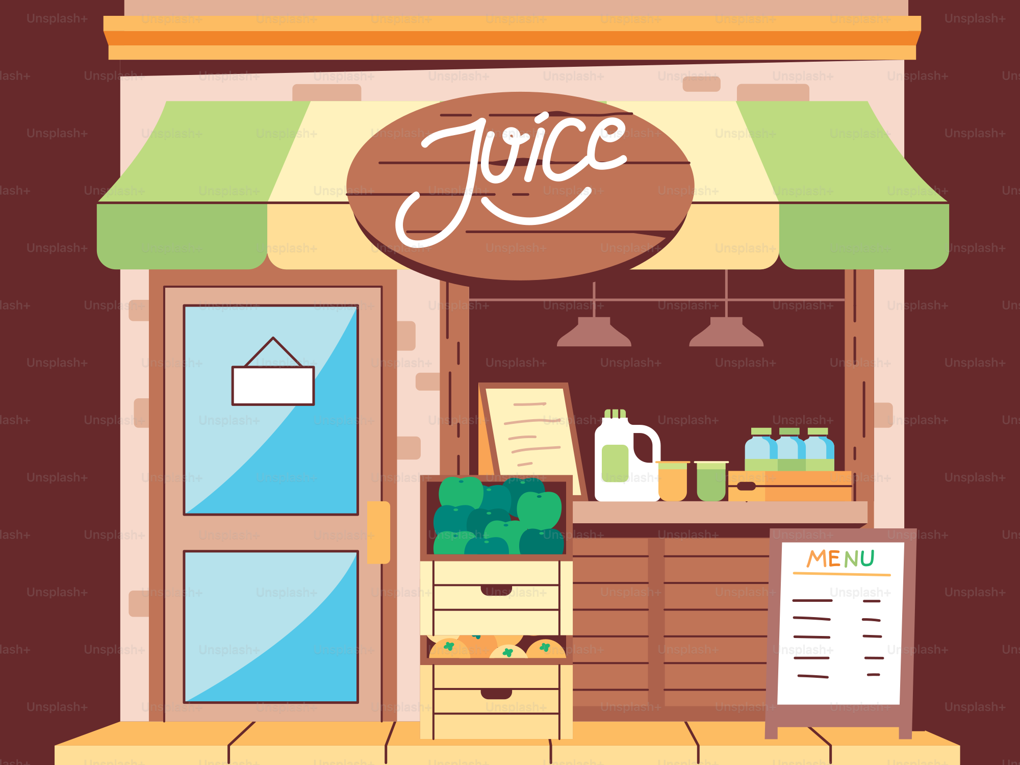 The front of a juice shop with a green awning vector – Small business ...