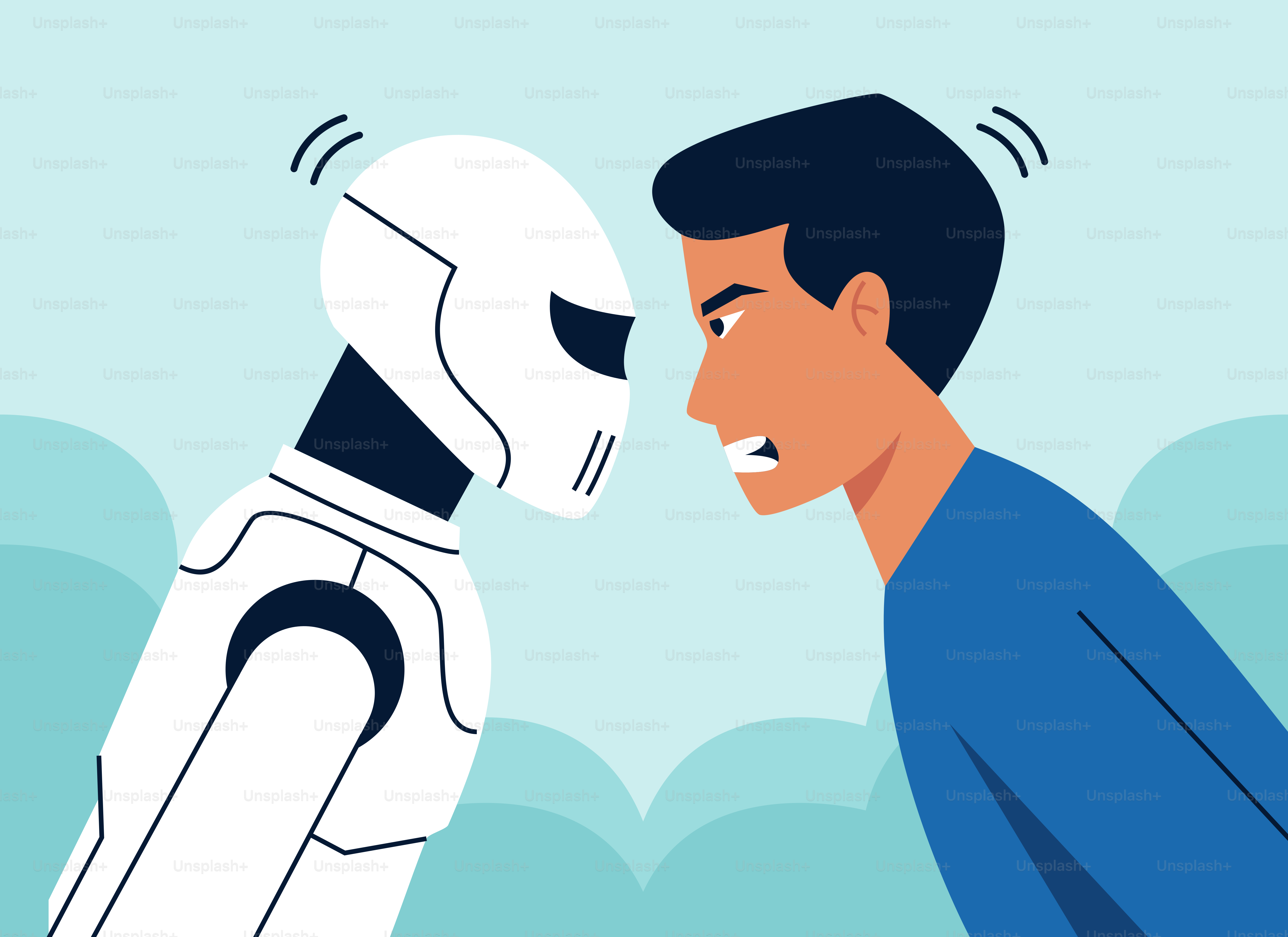 A man standing next to a robot with a surprised look on his face vector ...