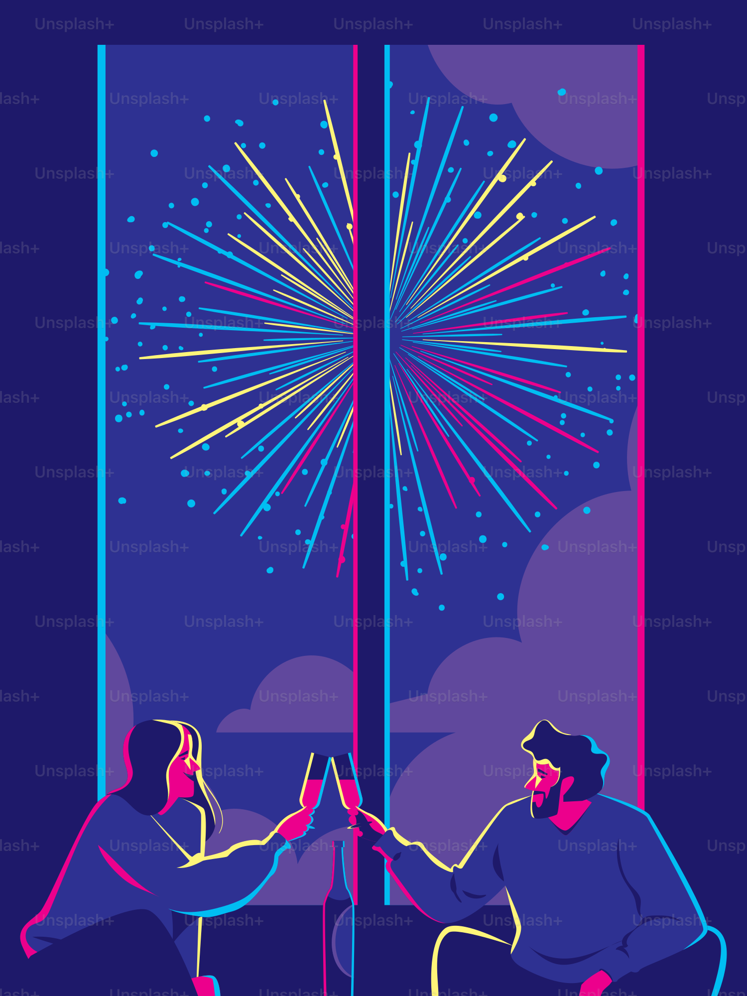 Two people sitting on a chair in front of a fireworks display vector ...