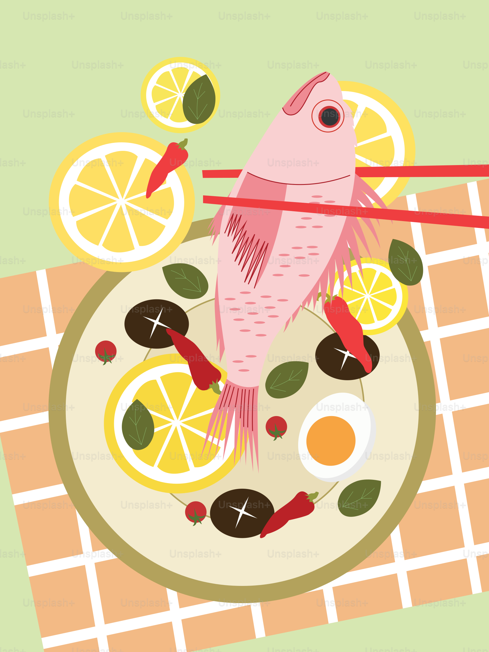 Two fish on a plate with a lemon on the side vector – Food Image on ...