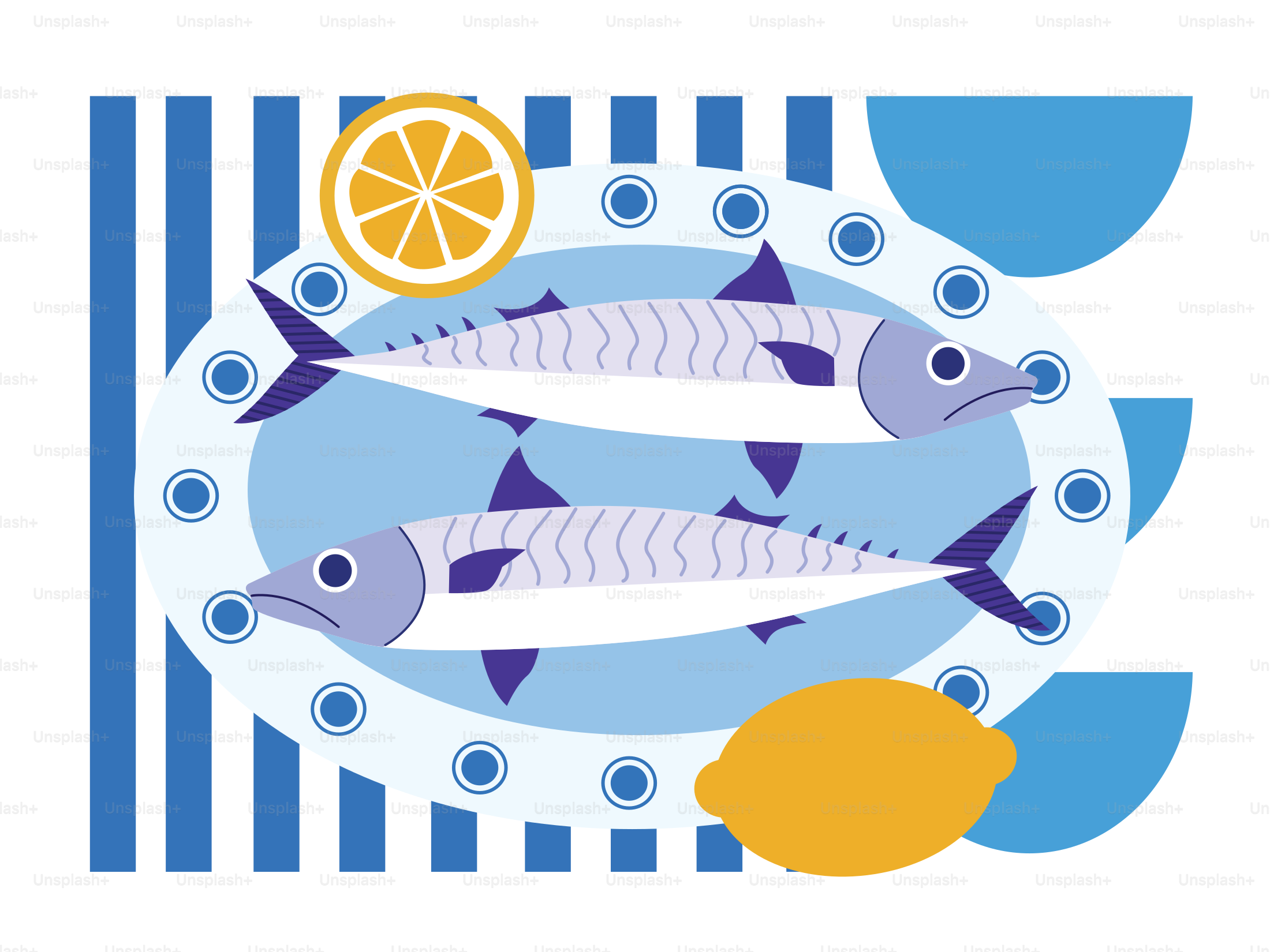 Two fish on a plate with a lemon on the side vector – Food Image on ...
