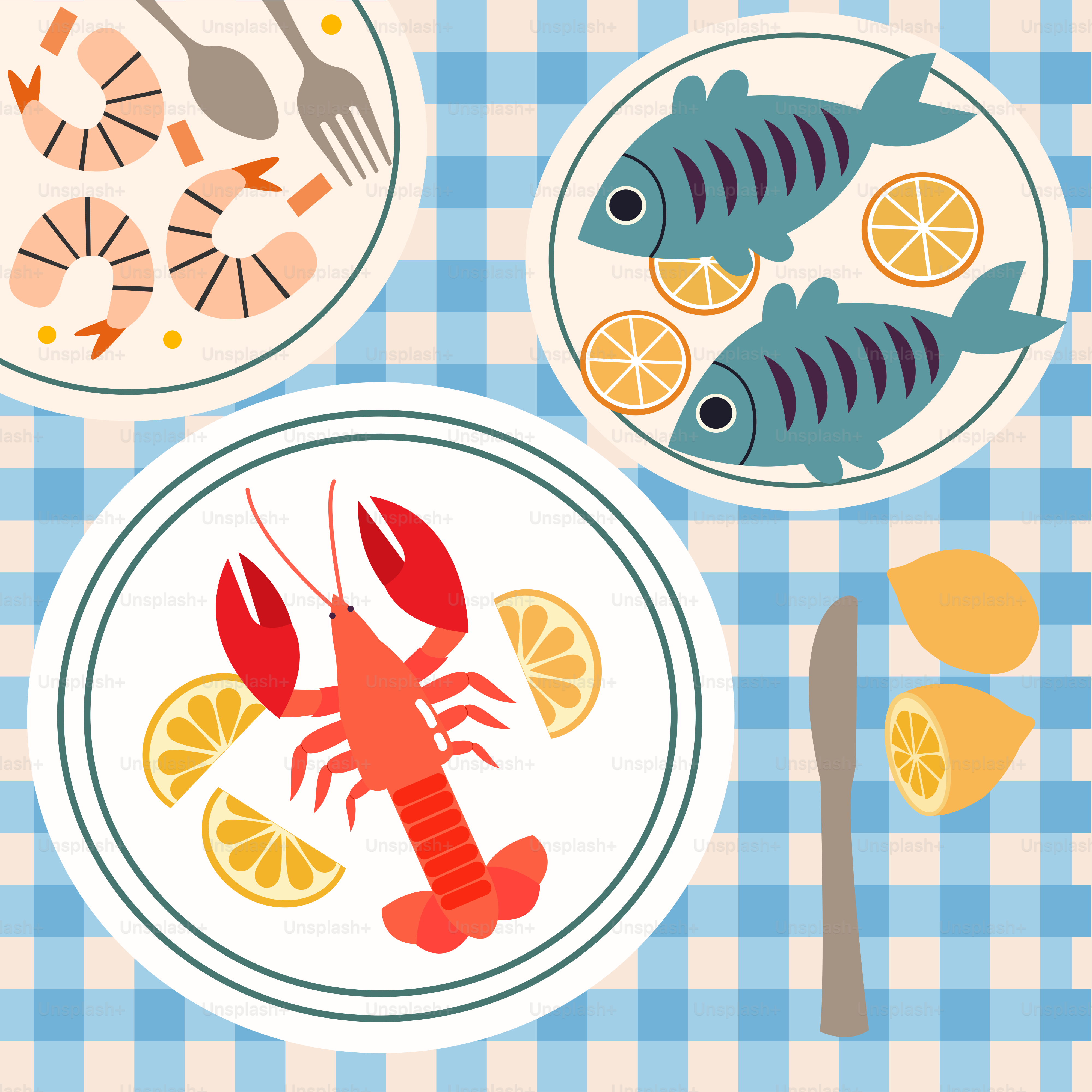 Vektor Sepiring makanan dengan lobster, lemon, dan garpu – Gambar ...