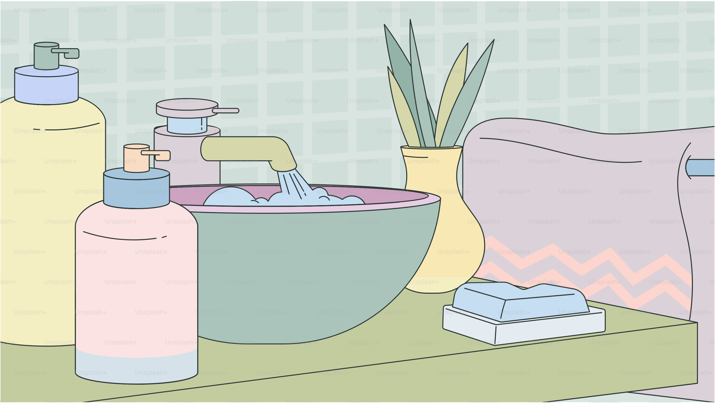 Une caricature d’une salle de bain avec un lavabo et un distributeur de ...