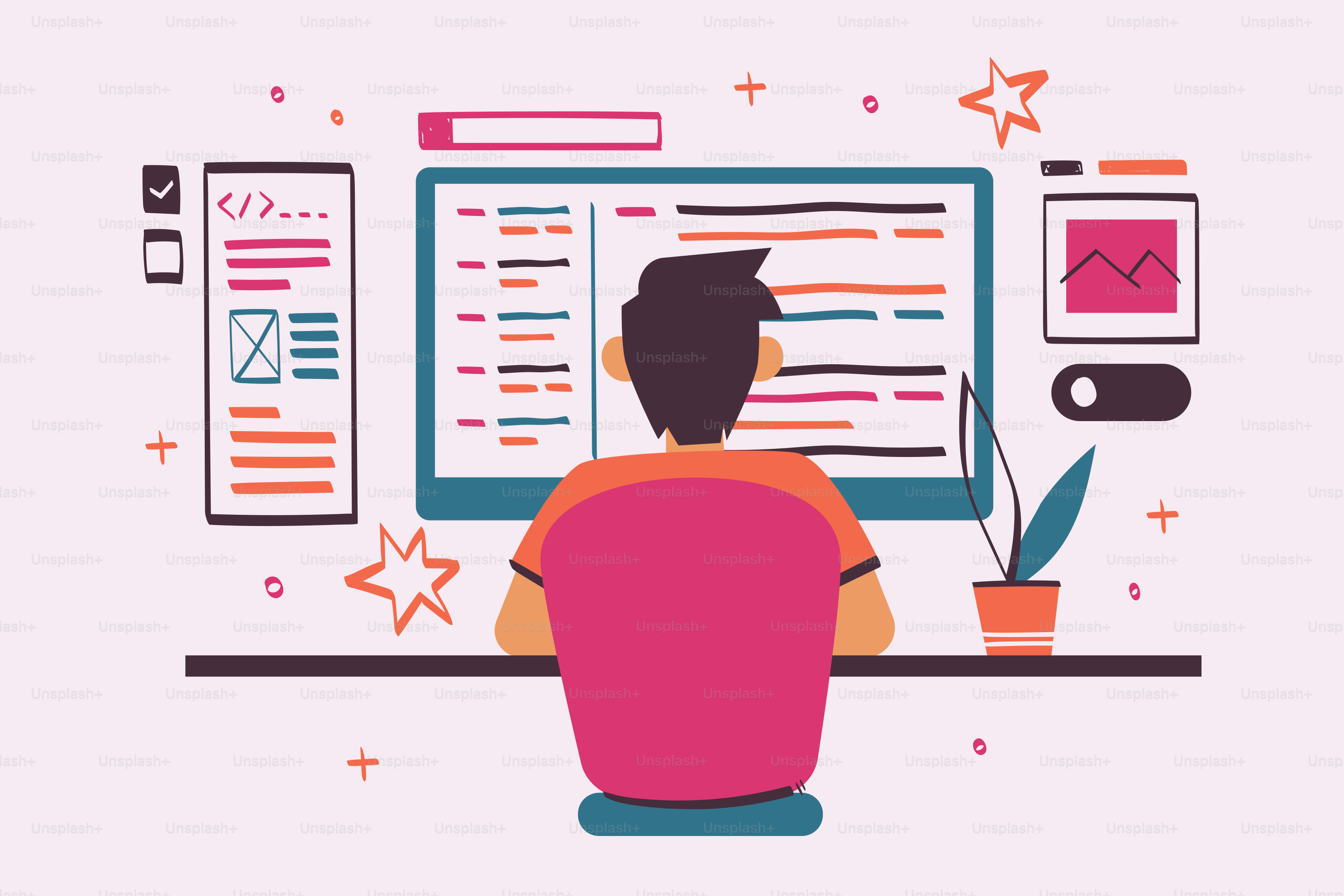 A person sitting at a desk in front of a computer vector – Business ...