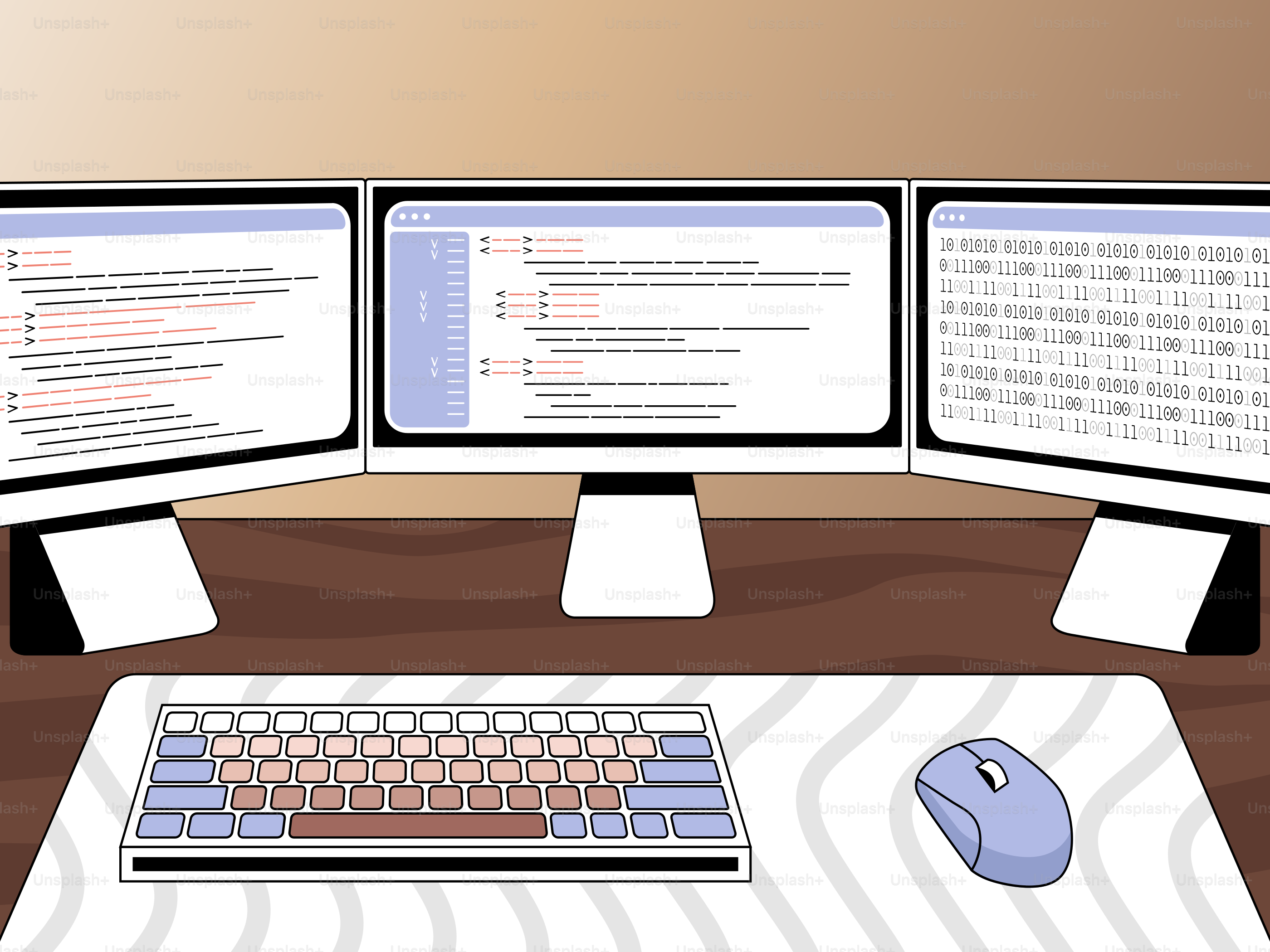 A computer desk with three monitors and a keyboard vector – Html Image ...
