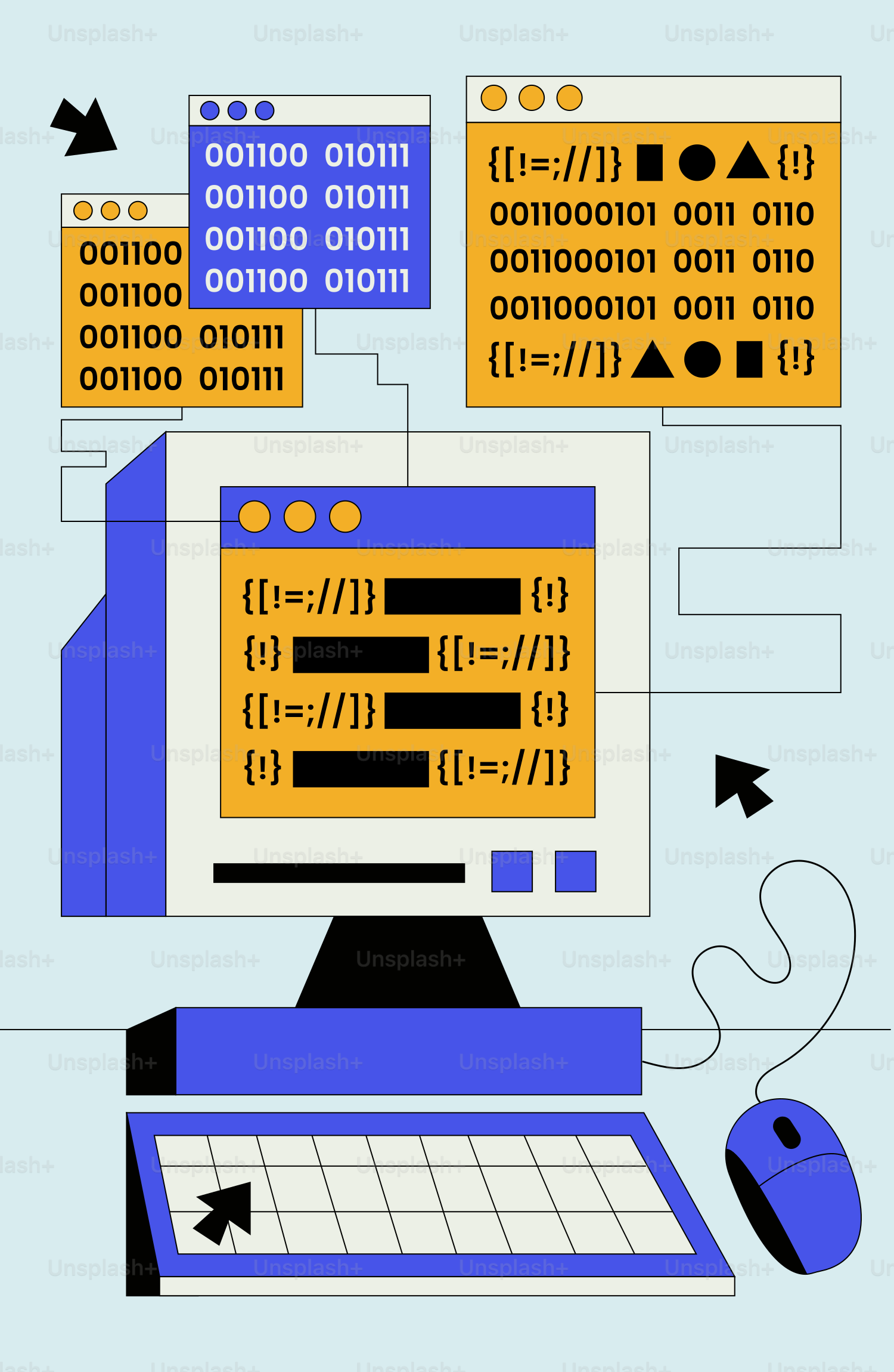 A computer screen with a keyboard and mouse vector – Binary code Image ...