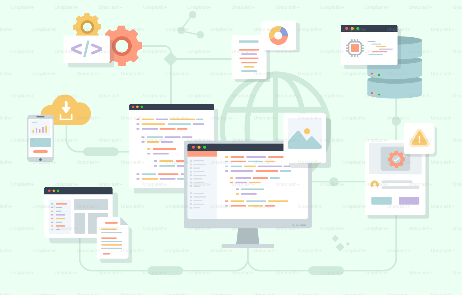 A computer screen with a bunch of screens on it vector – Web server ...