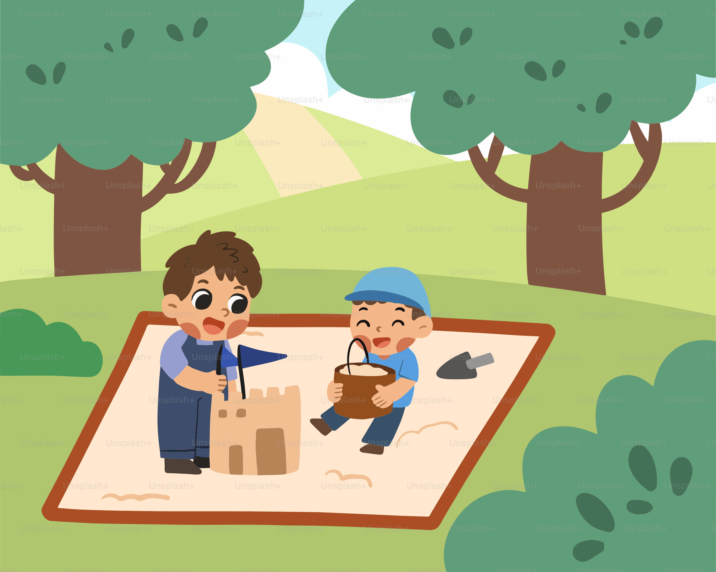 Two children playing in a sandbox in the park vector – Friends Image on ...