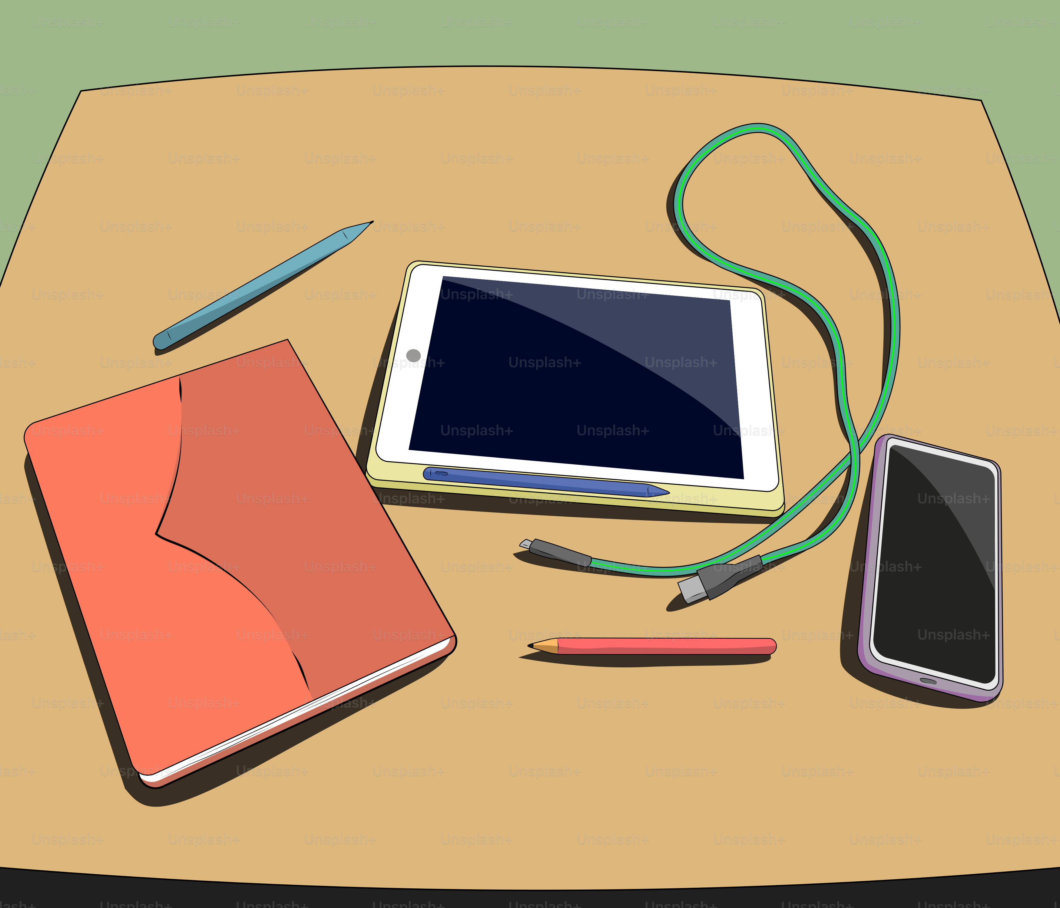 A table with a tablet, notebook, and cell phone on it vector – Interior ...