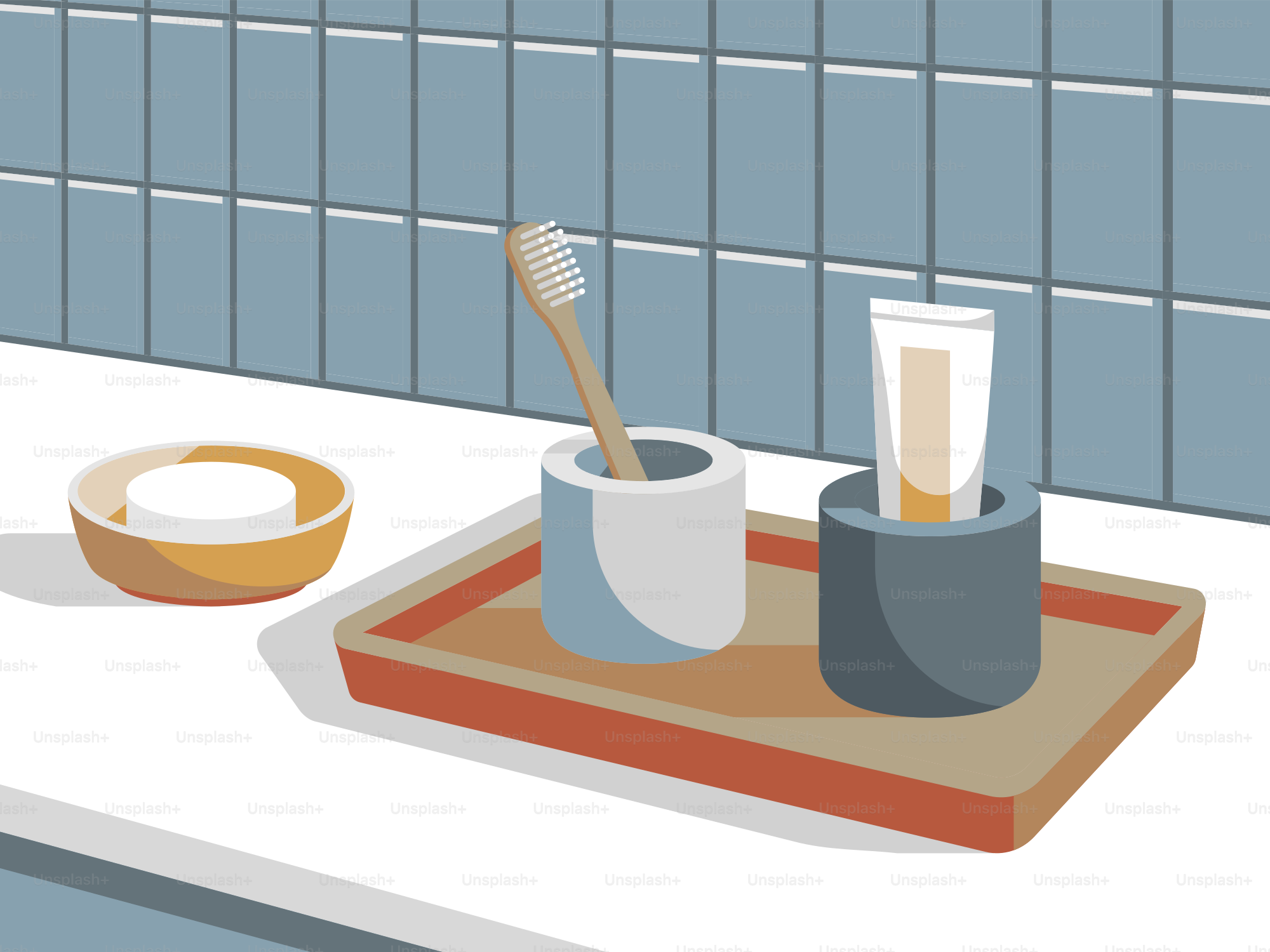 A bathroom counter with a toothbrush, toothpaste and a cup on it vector ...