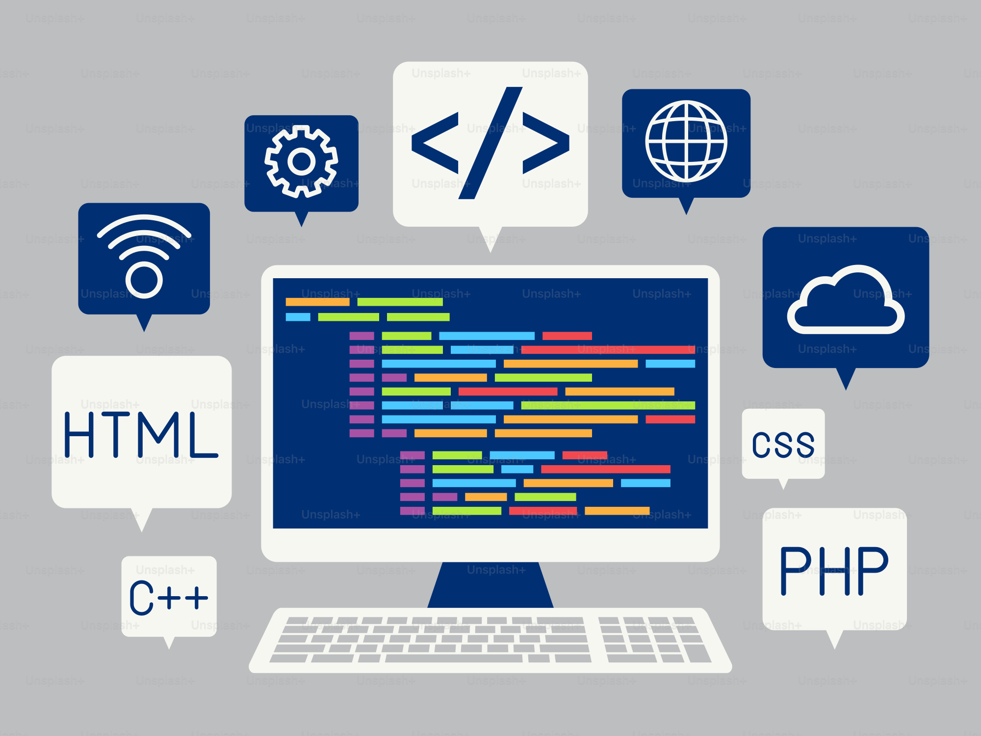 A computer screen with a bunch of icons surrounding it vector ...