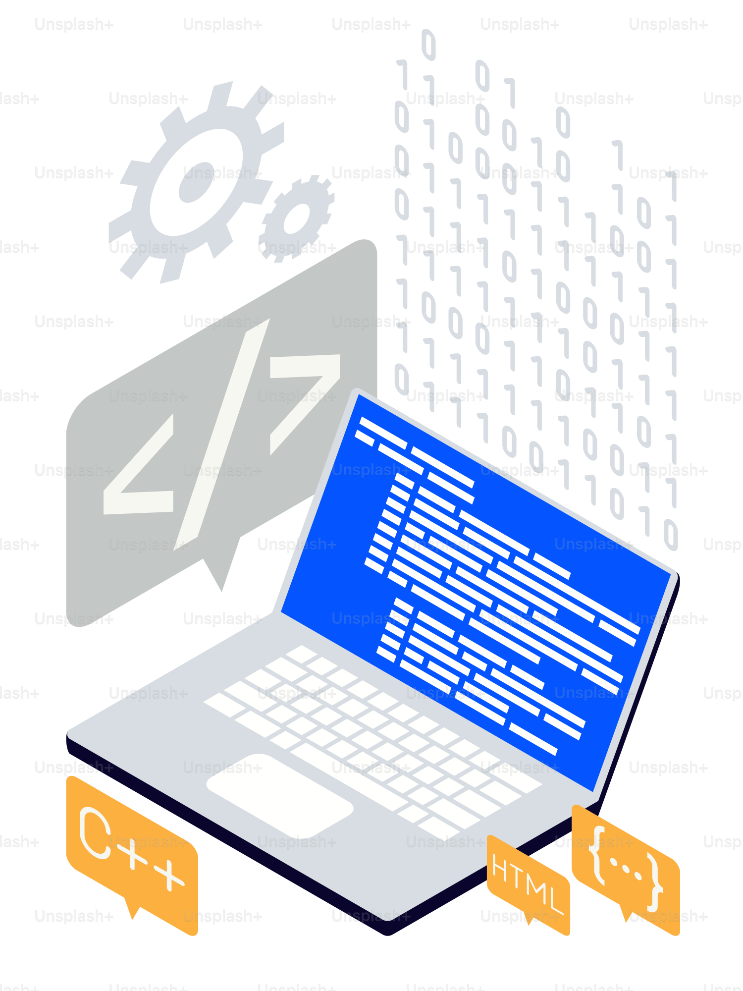 A laptop with a programming program coming out of it vector ...