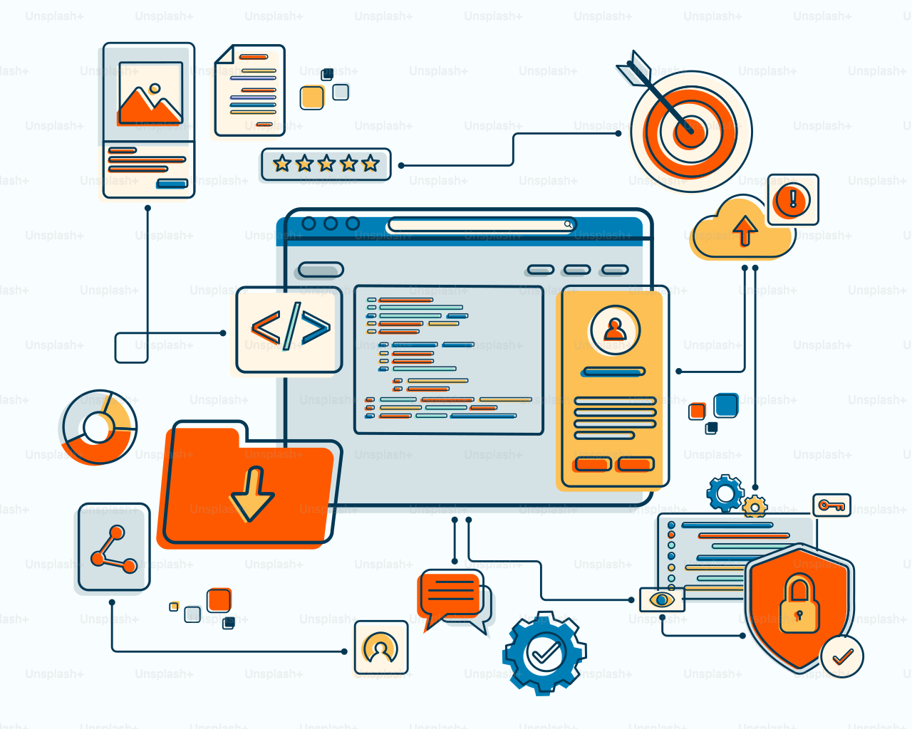 A computer screen with a bunch of icons surrounding it vector ...