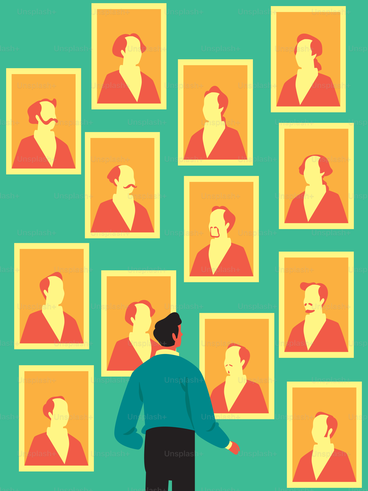A man standing in front of a wall of portraits vector – Vector Image on ...