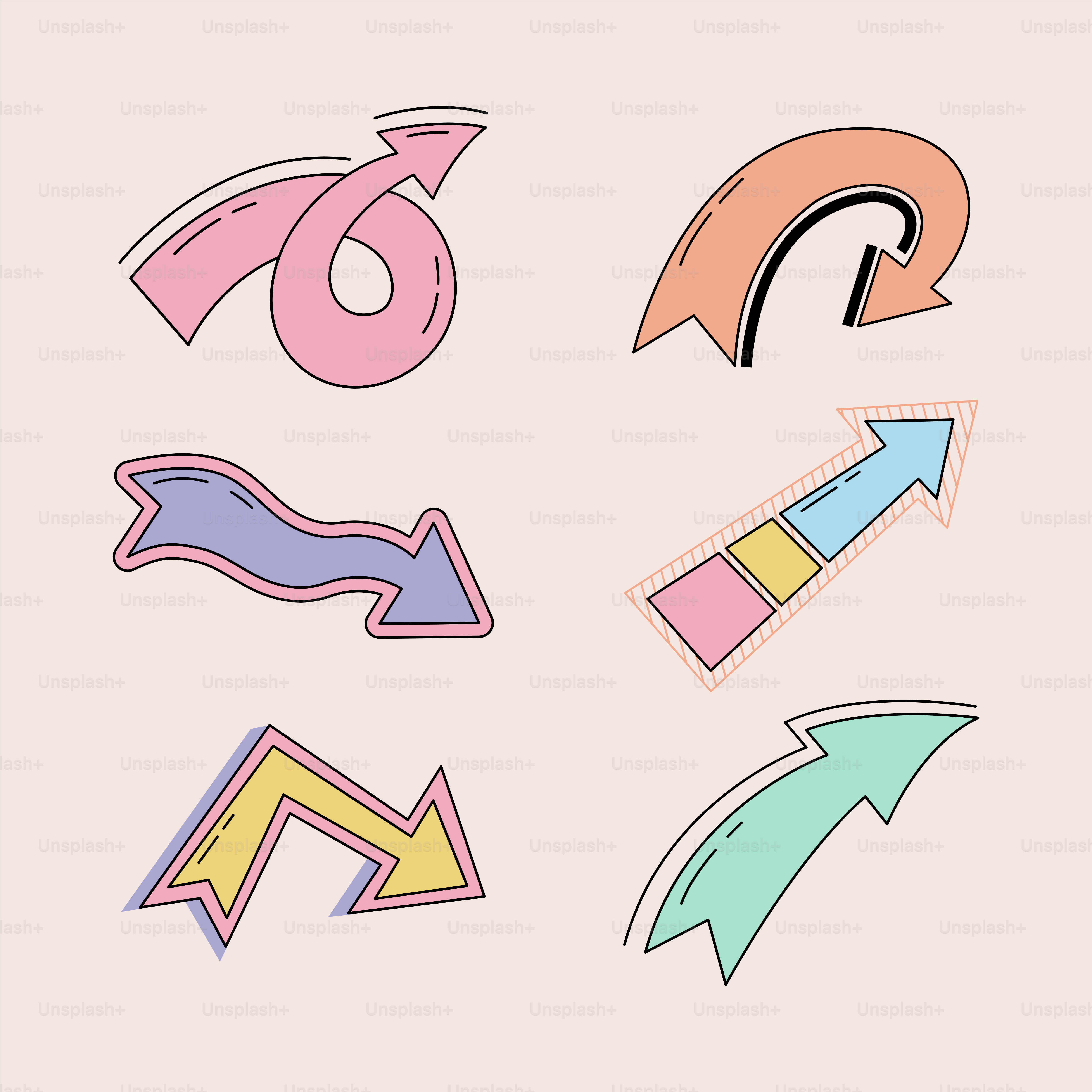 A set of different colored arrows on a pink background vector ...