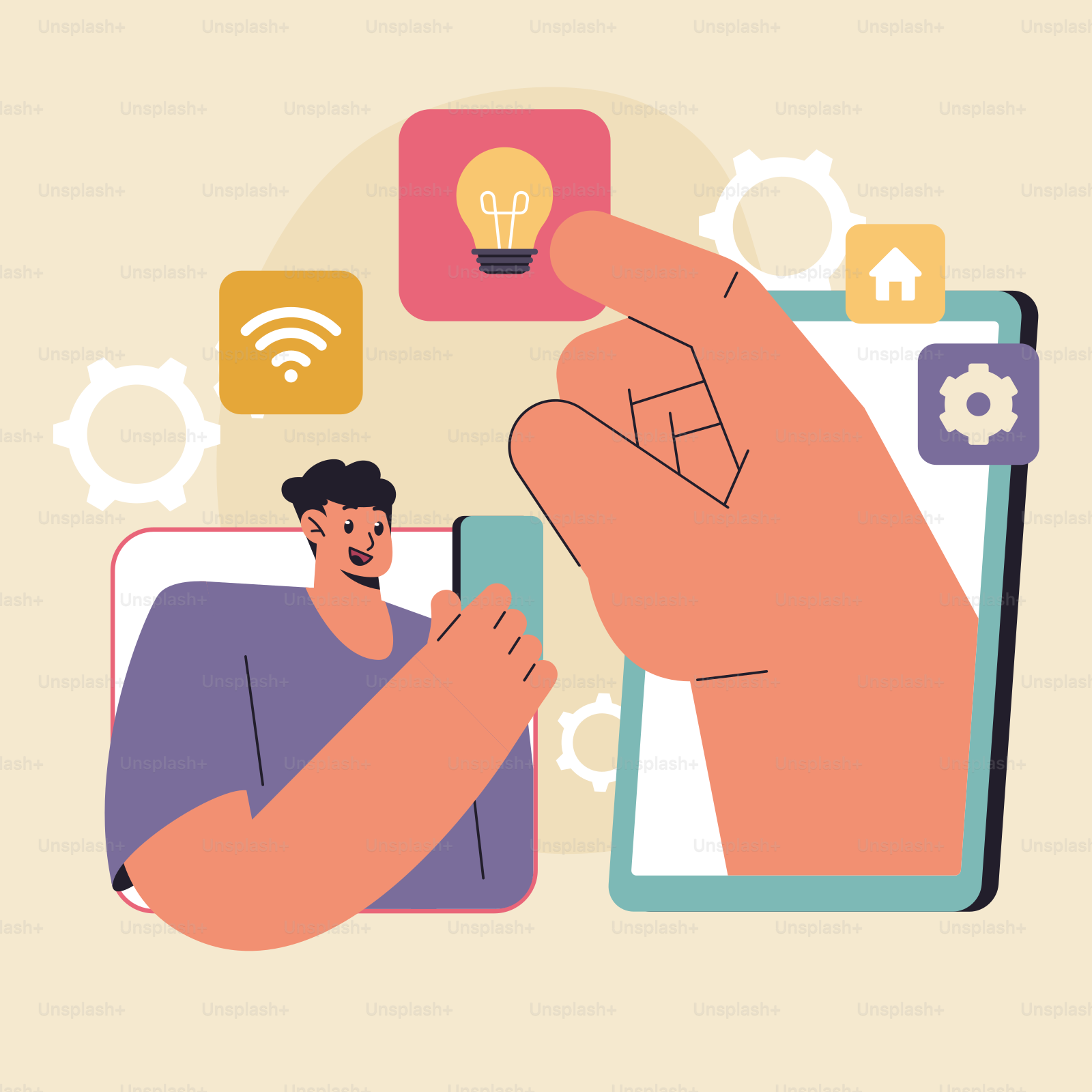 A hand touching a smart phone with icons surrounding it vector ...