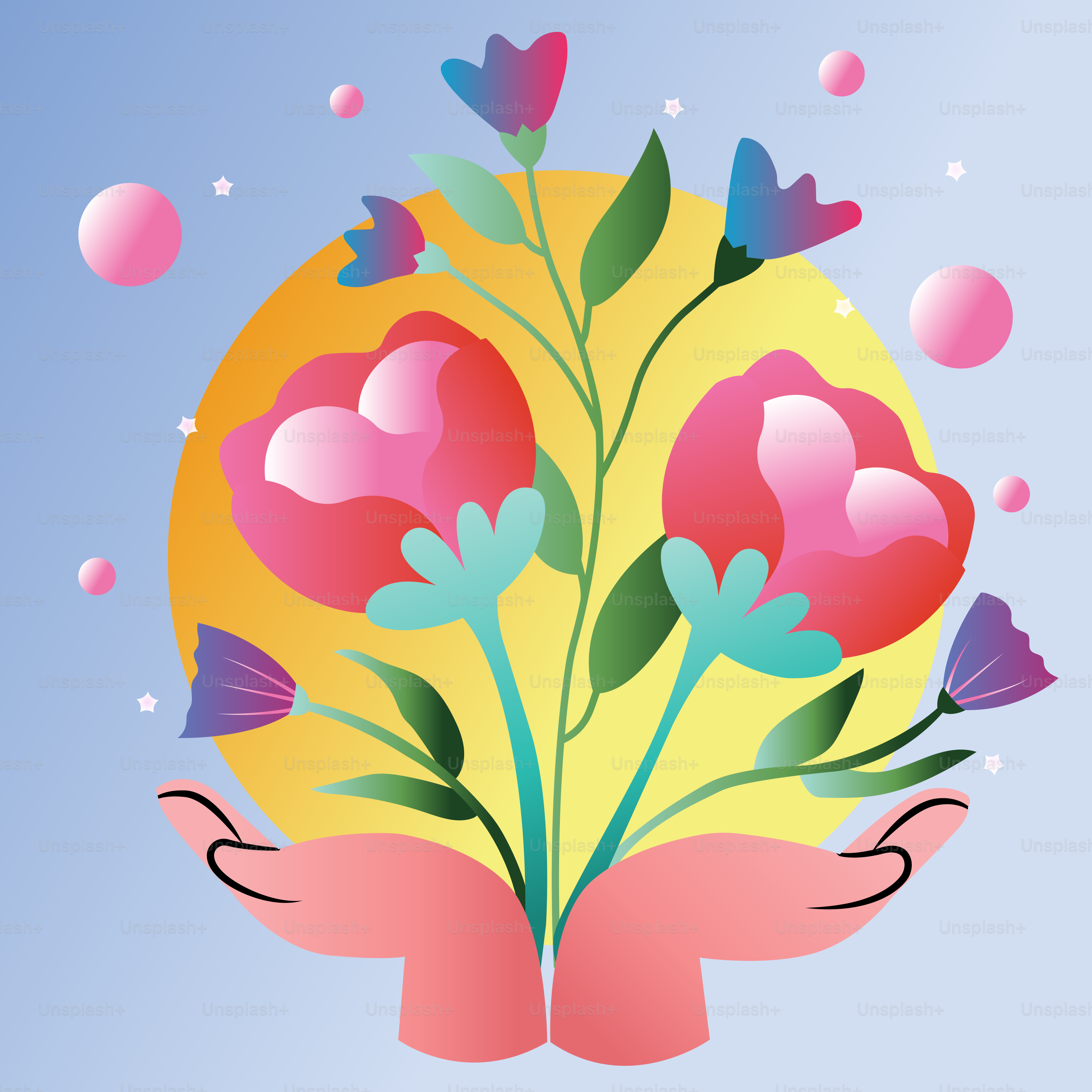 A hand holding a bouquet of flowers on a blue background vector ...