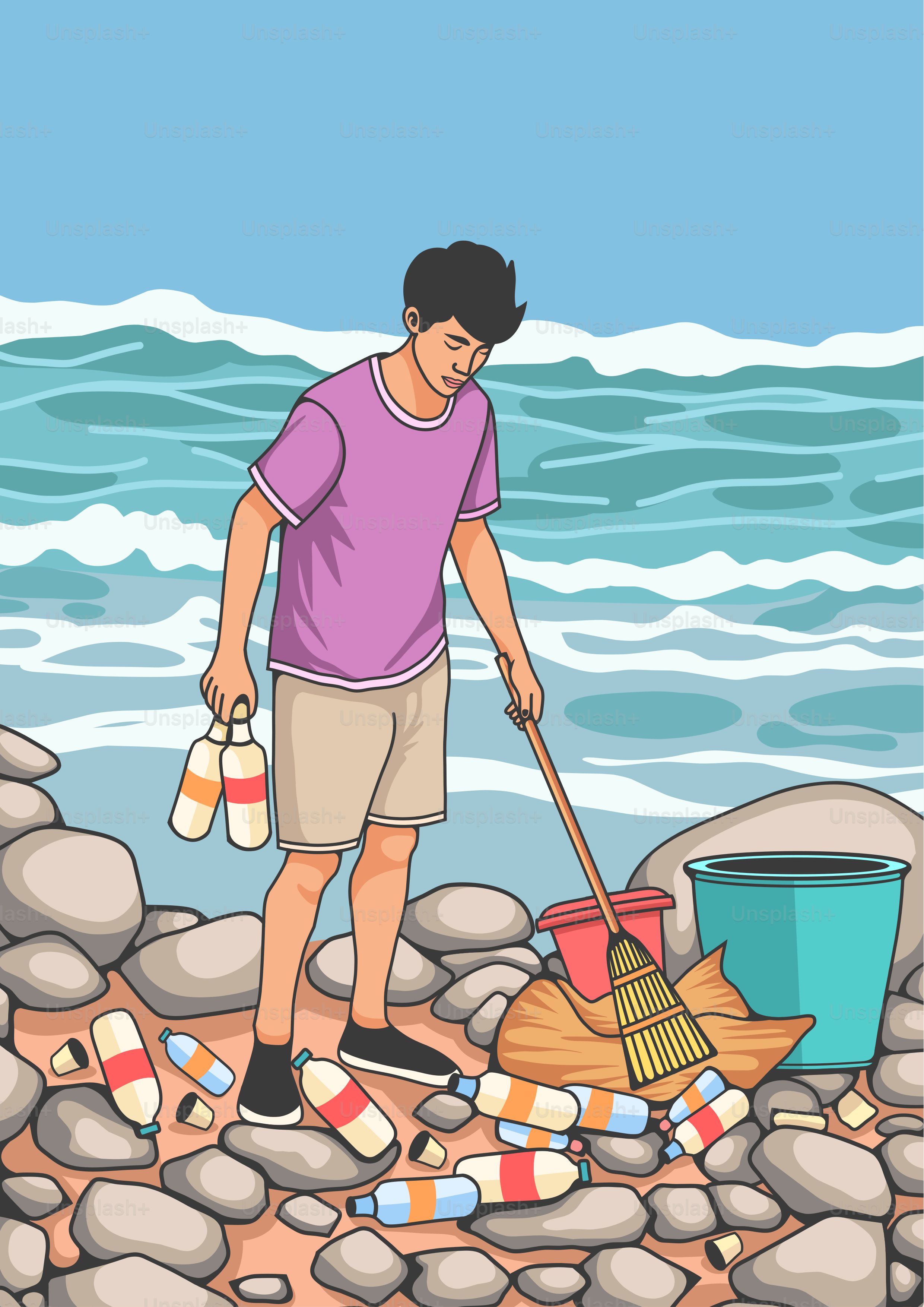 A man with a mop and bucket on a beach vector – Community Image on Unsplash