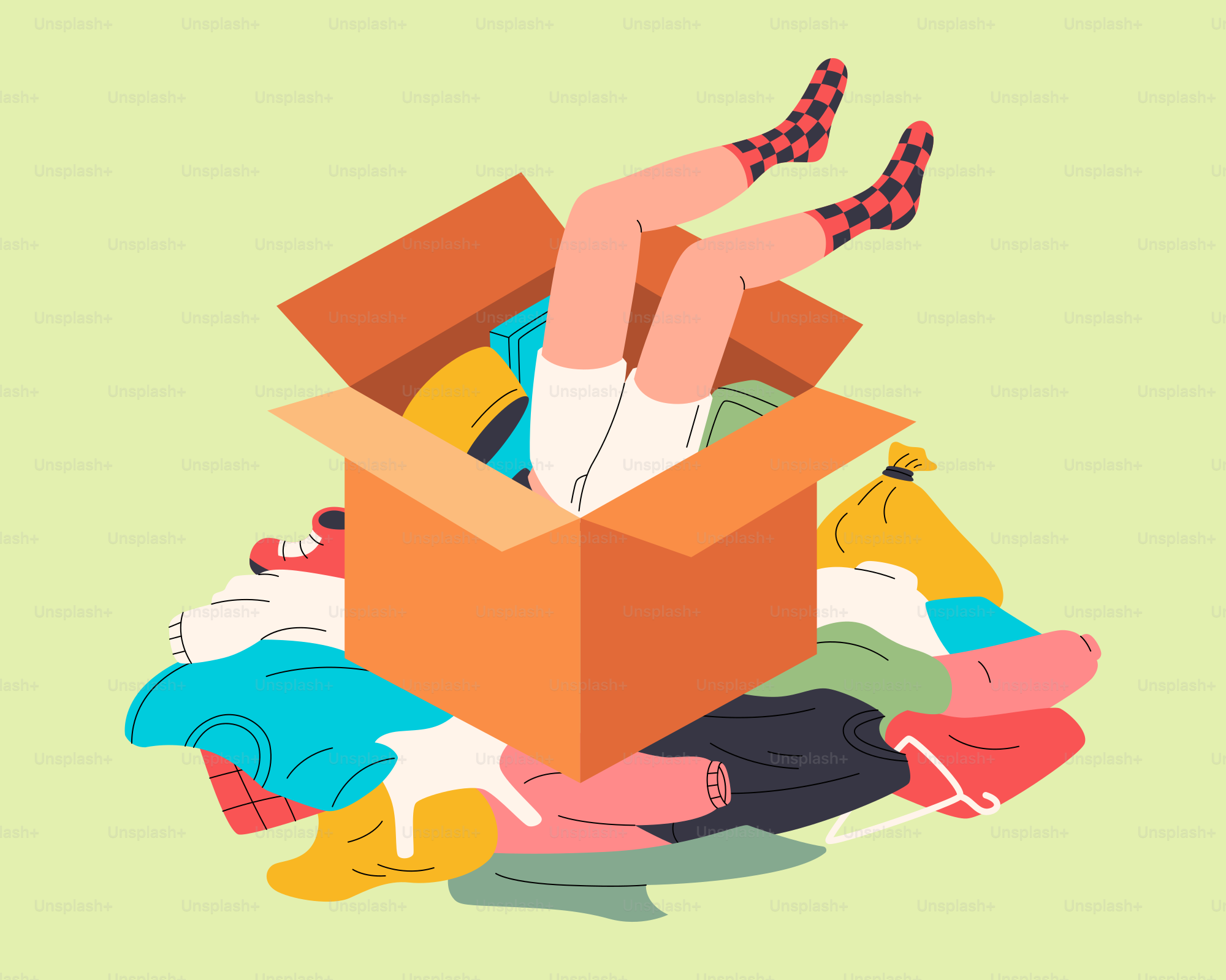 A box full of clothes with a woman's legs sticking out of it vector ...