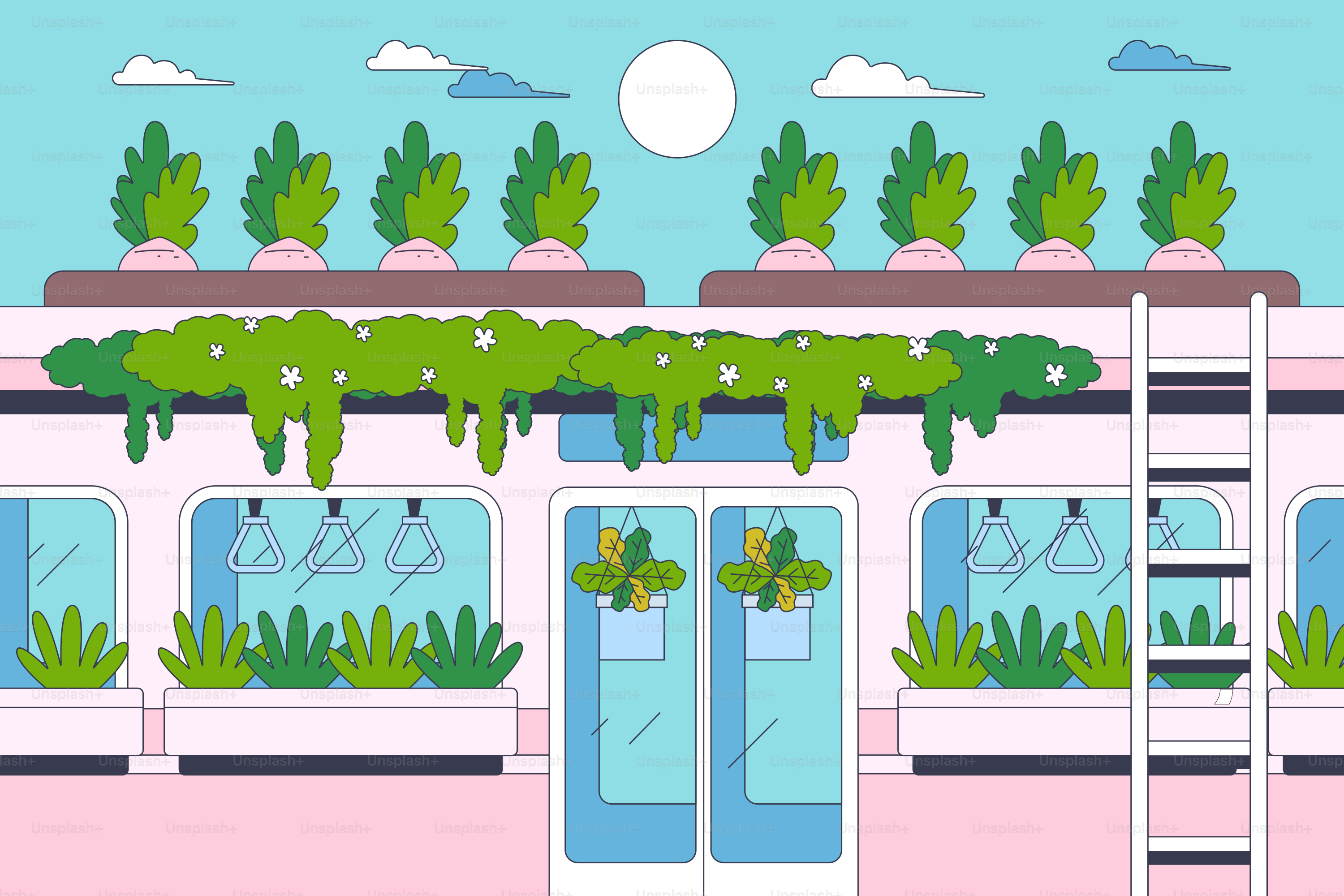 Vektor Bus merah muda dengan tanaman yang tumbuh di atap – Gambar ...