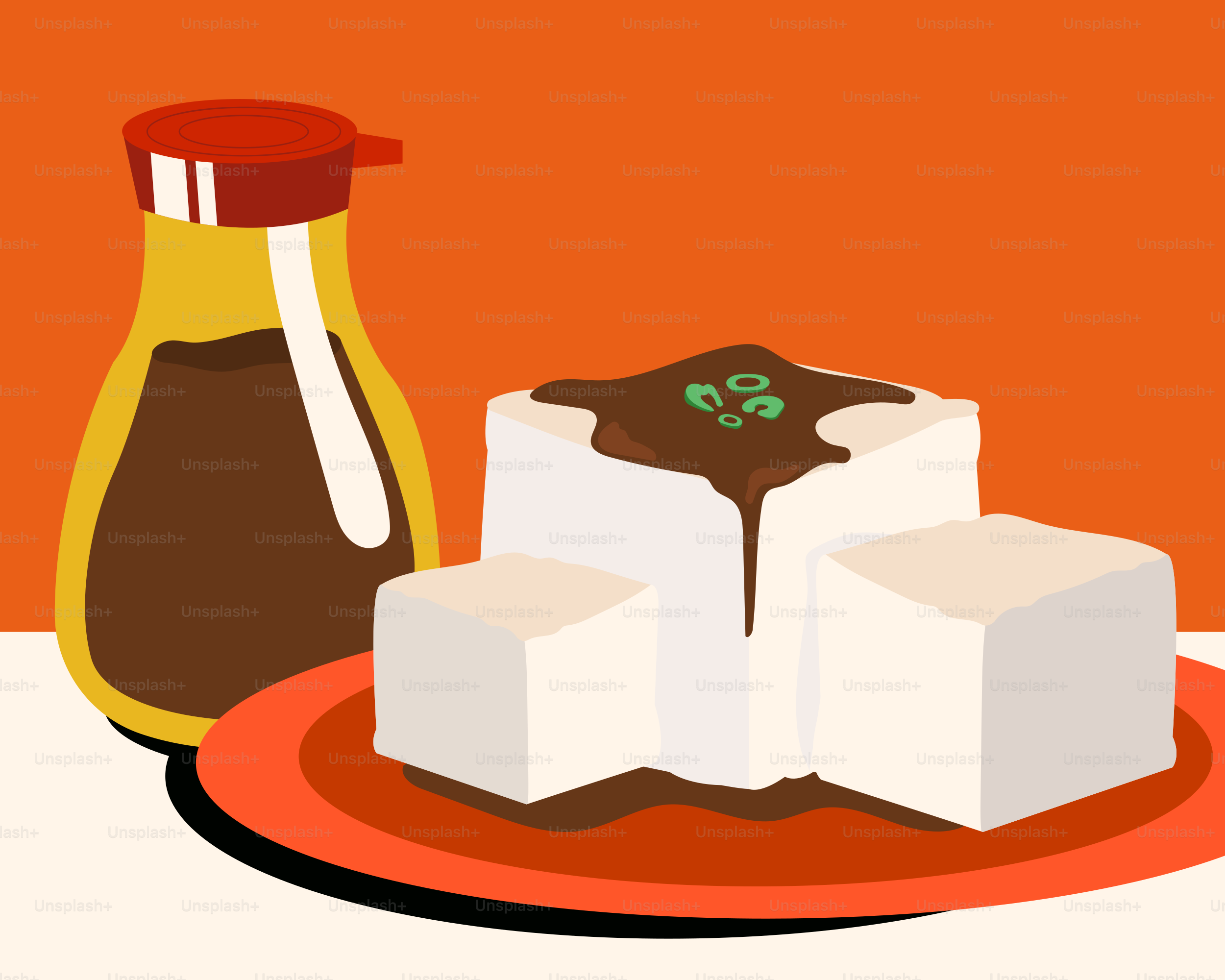 Dos trozos de bizcocho en un plato junto a un tarro de almíbar vector ...