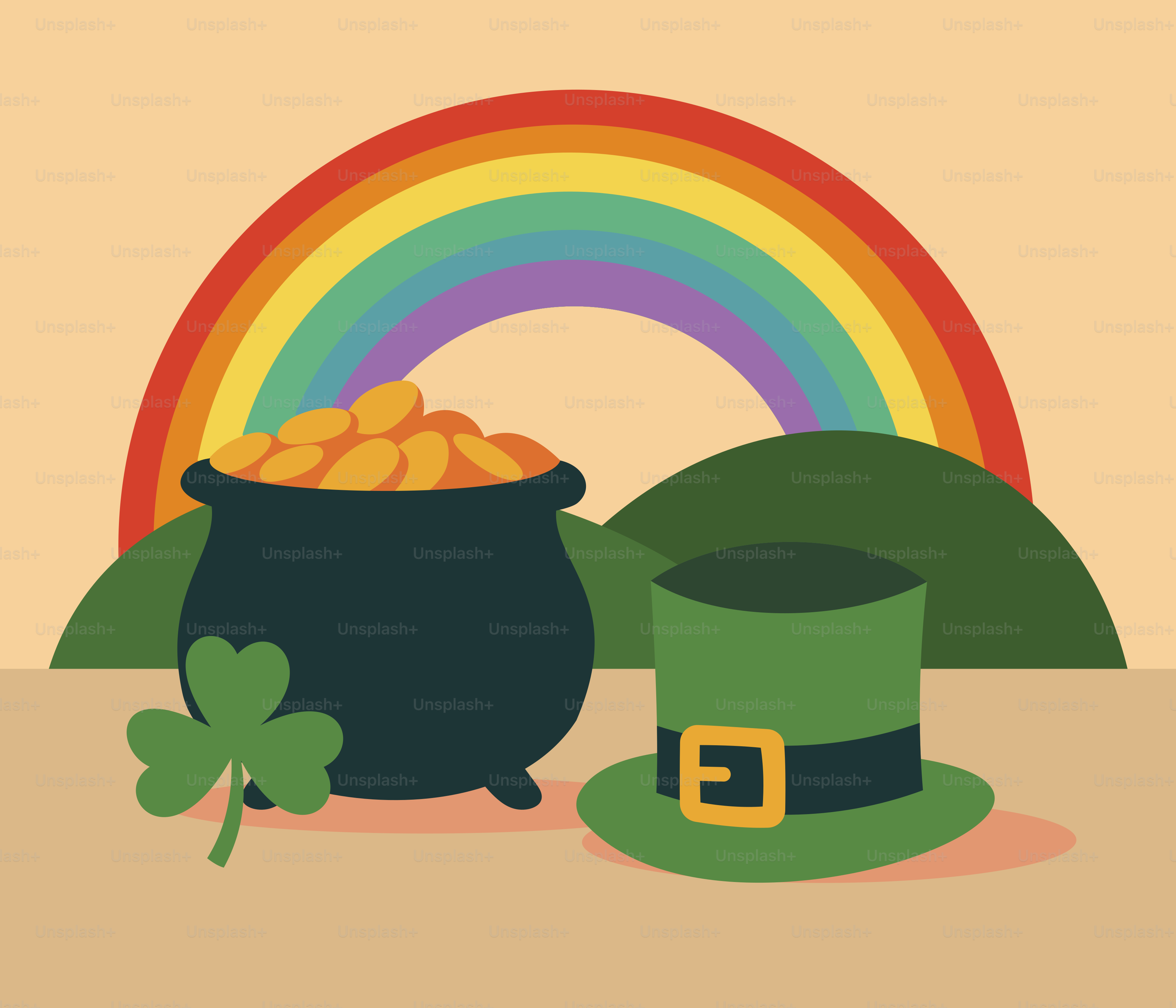 Una olla de monedas de oro junto a un arco iris vector – Imagen de ...