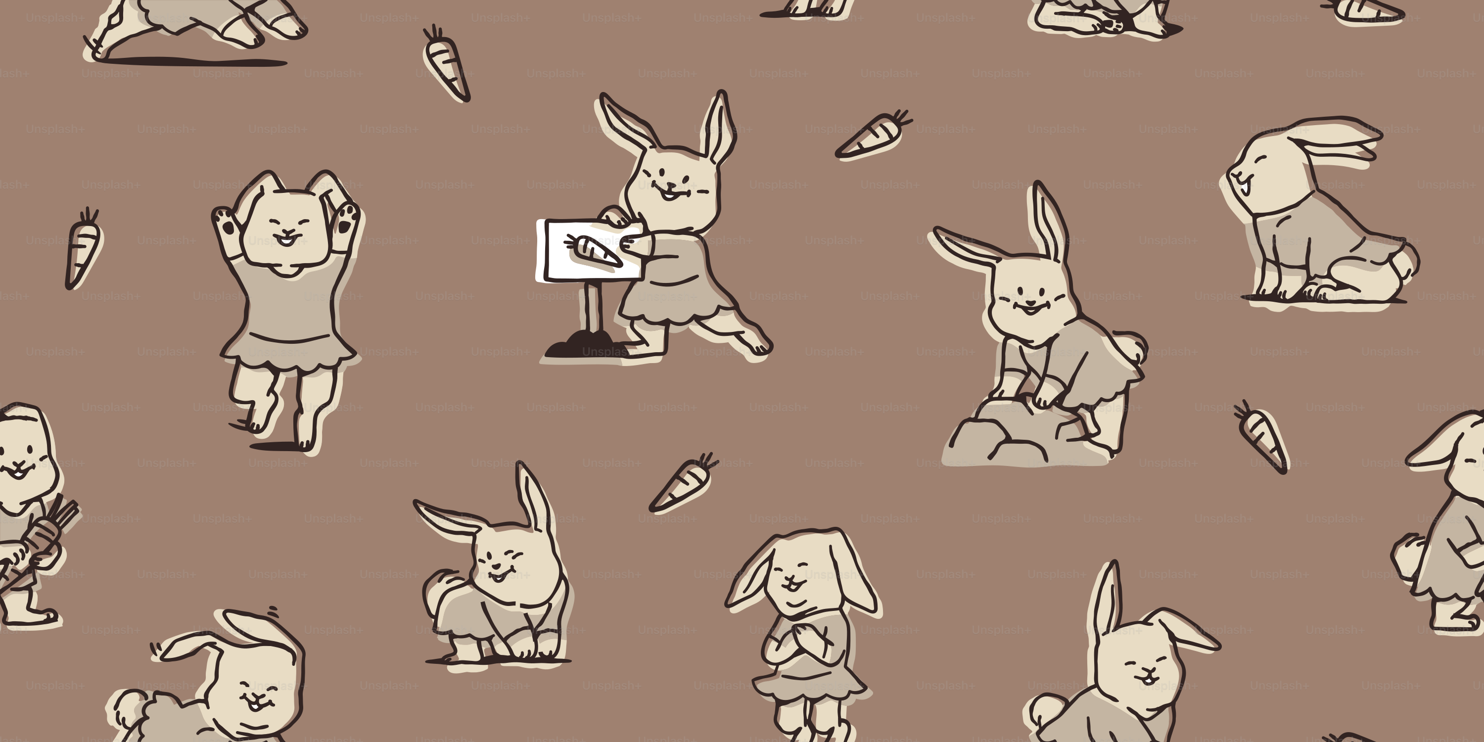 A bunch of cartoon rabbits on a brown background vector – Illustration ...
