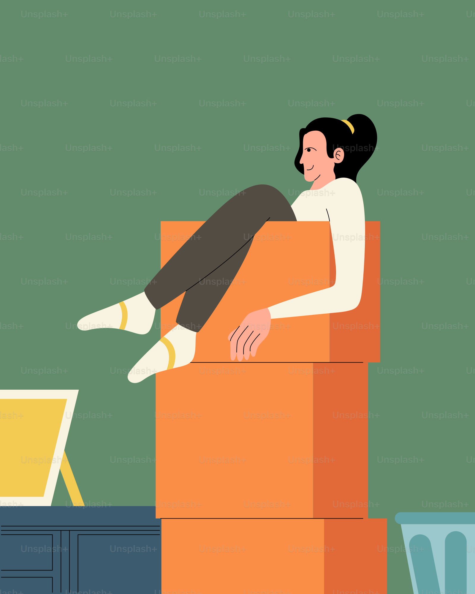 A woman sitting on top of a box with a laptop vector – Sorting Image on ...