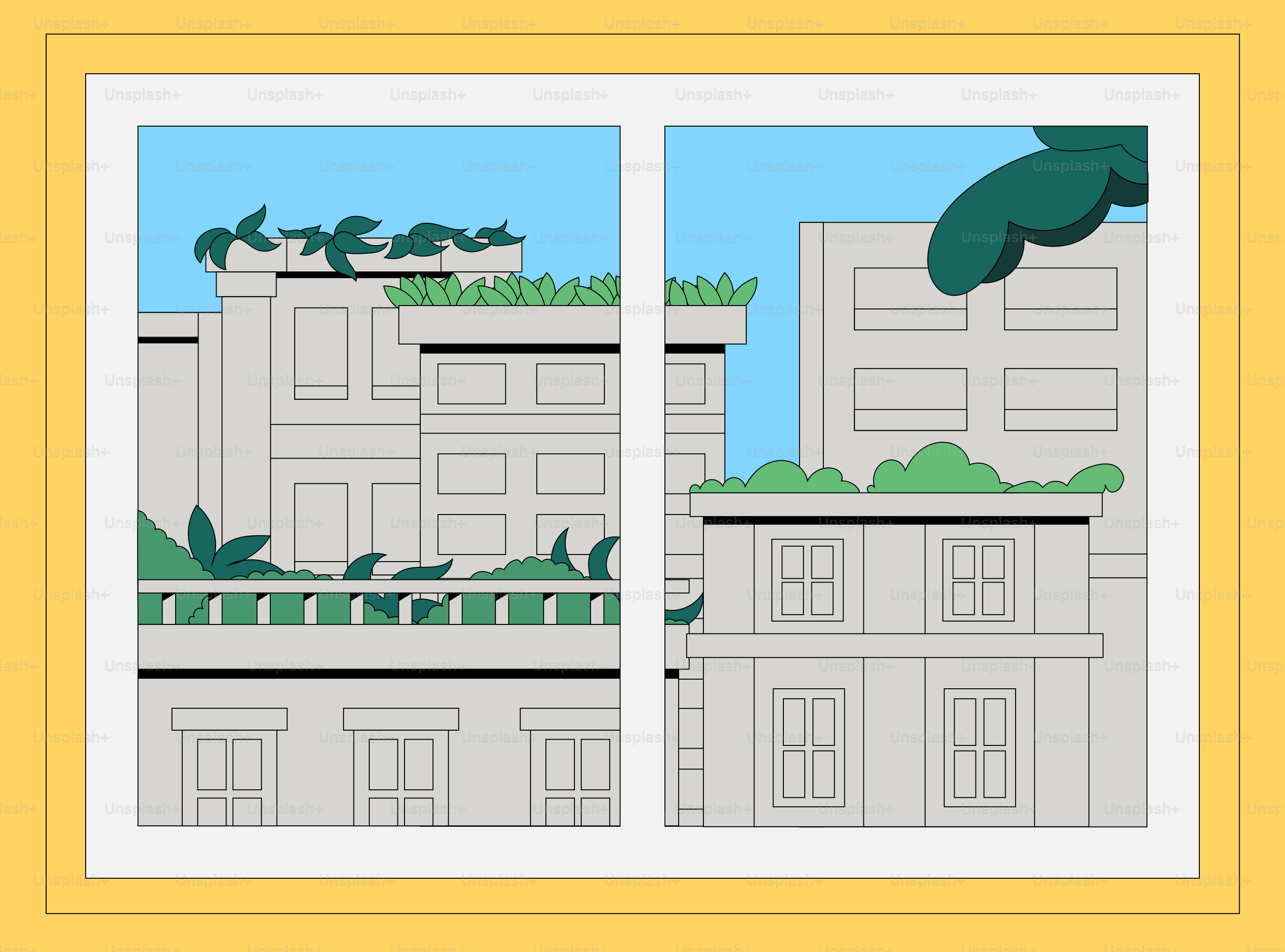 Una imagen de un edificio con un techo verde vector – Imagen de ...
