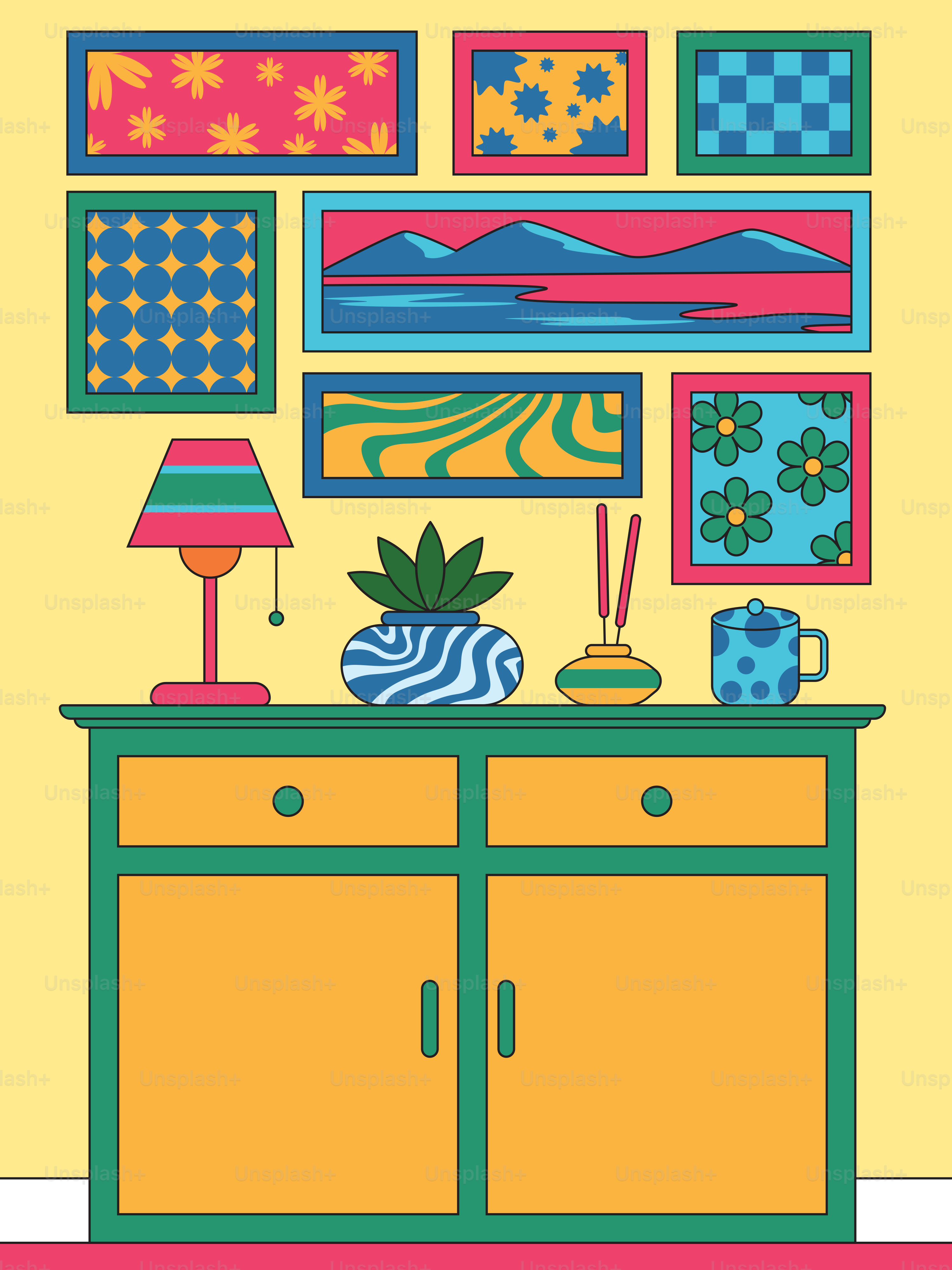 Une pièce avec une commode et un tableau au mur vectoriel – Image de ...