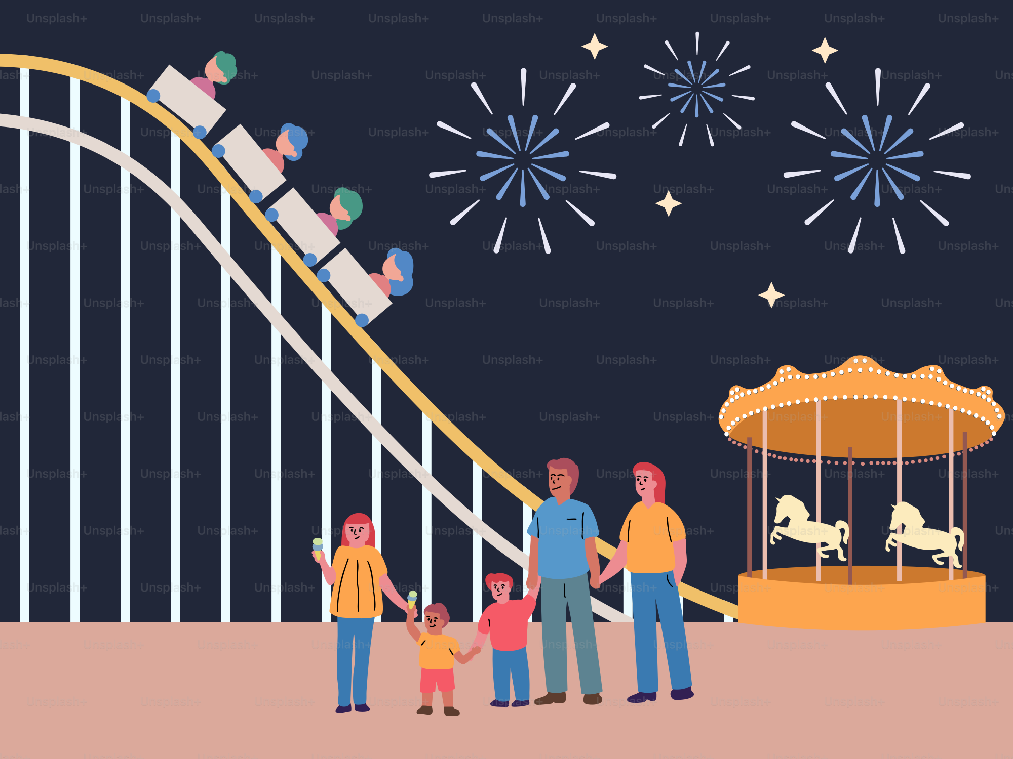 A family standing in front of a carnival ride at night vector ...